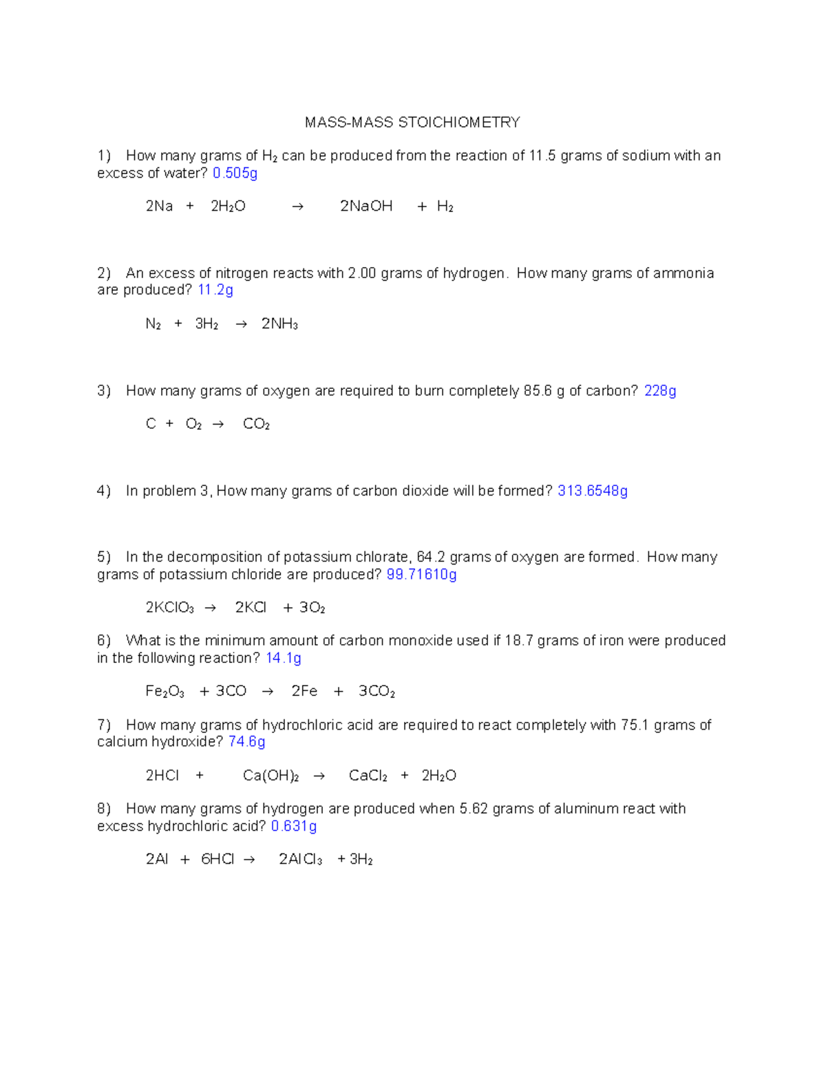 Copy of MASS-MASS Stoichiometry - MASS-MASS STOICHIOMETRY How many ...