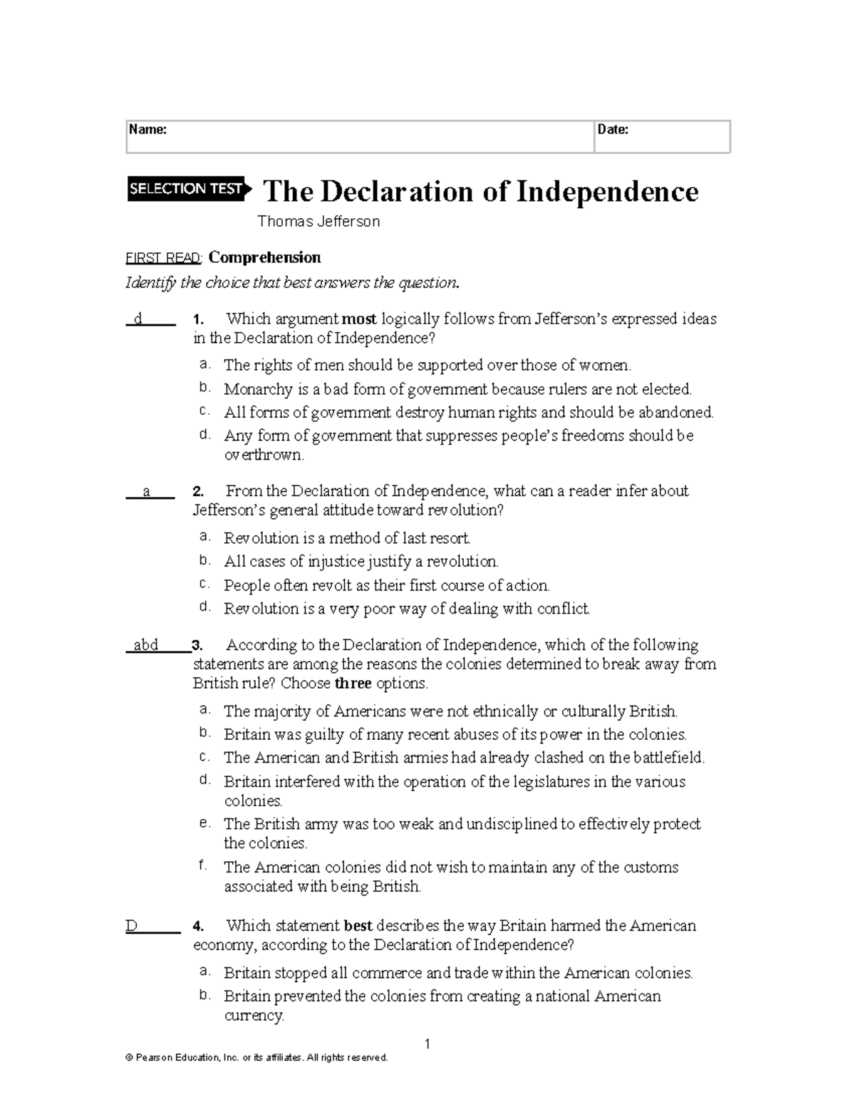 Declaration of Independence - Name: Date: The Declaration of ...