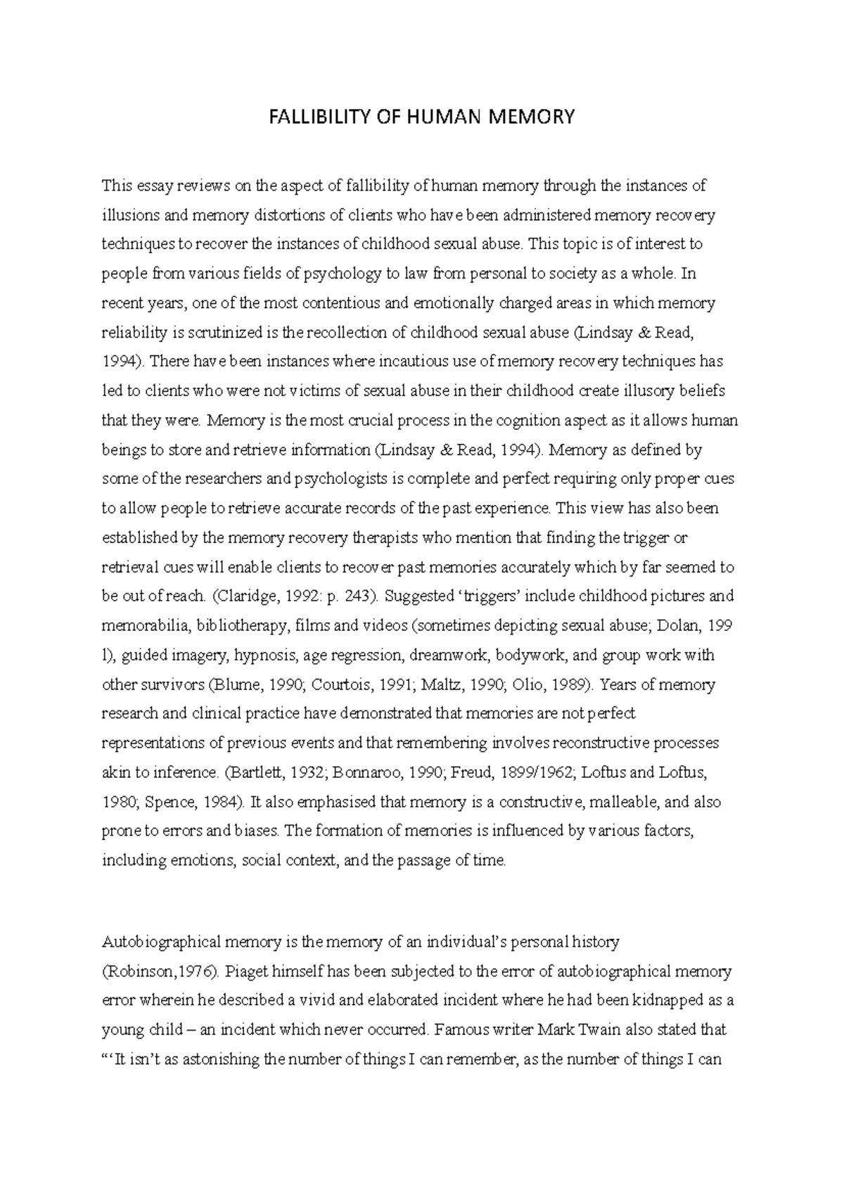 Mandatory Assignment - FALLIBILITY OF HUMAN MEMORY This essay reviews ...