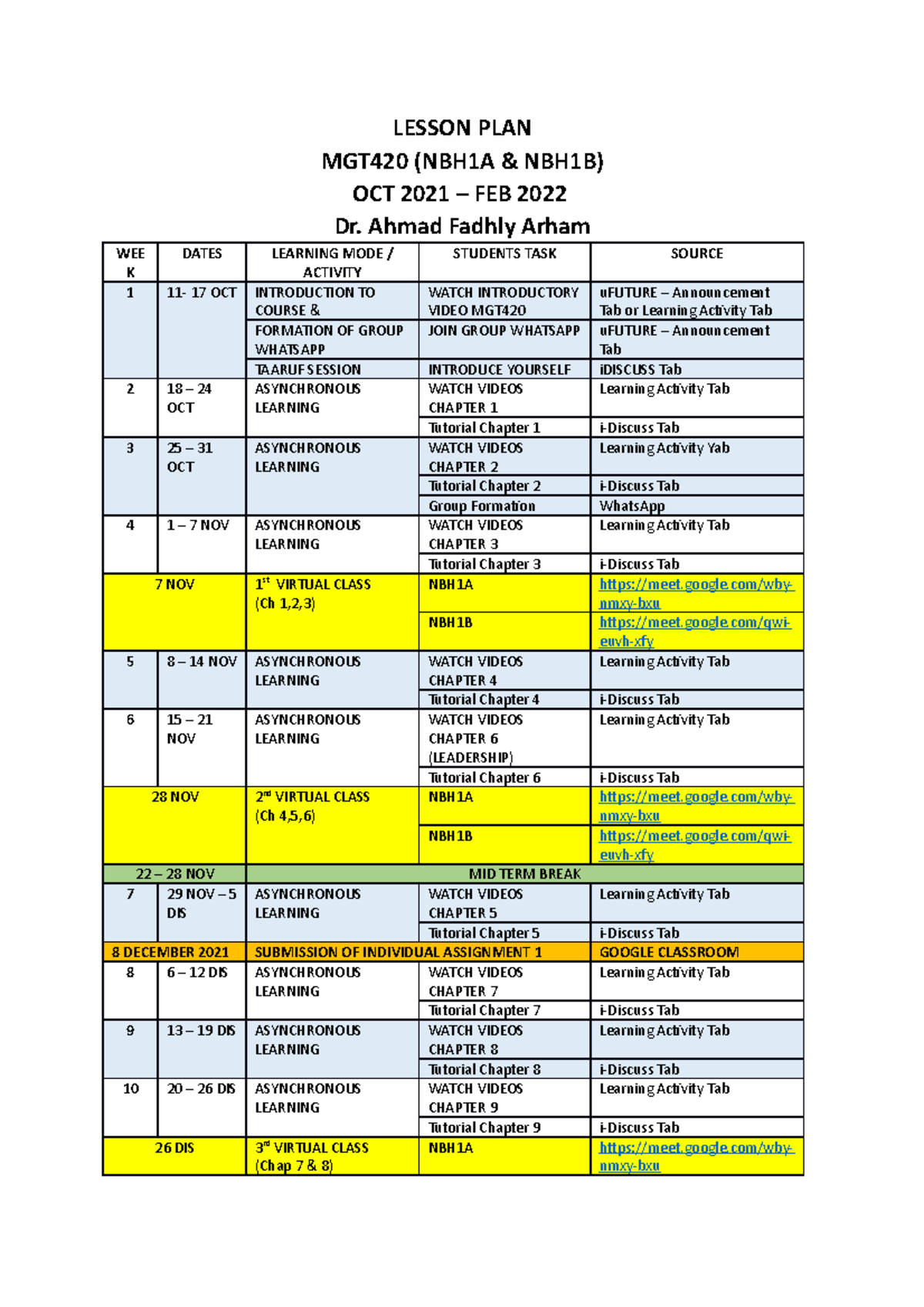 Lesson PLAN OCT 2021 DAFA MGT420 - LESSON PLAN MGT420 (NBH1A & NBH1B ...