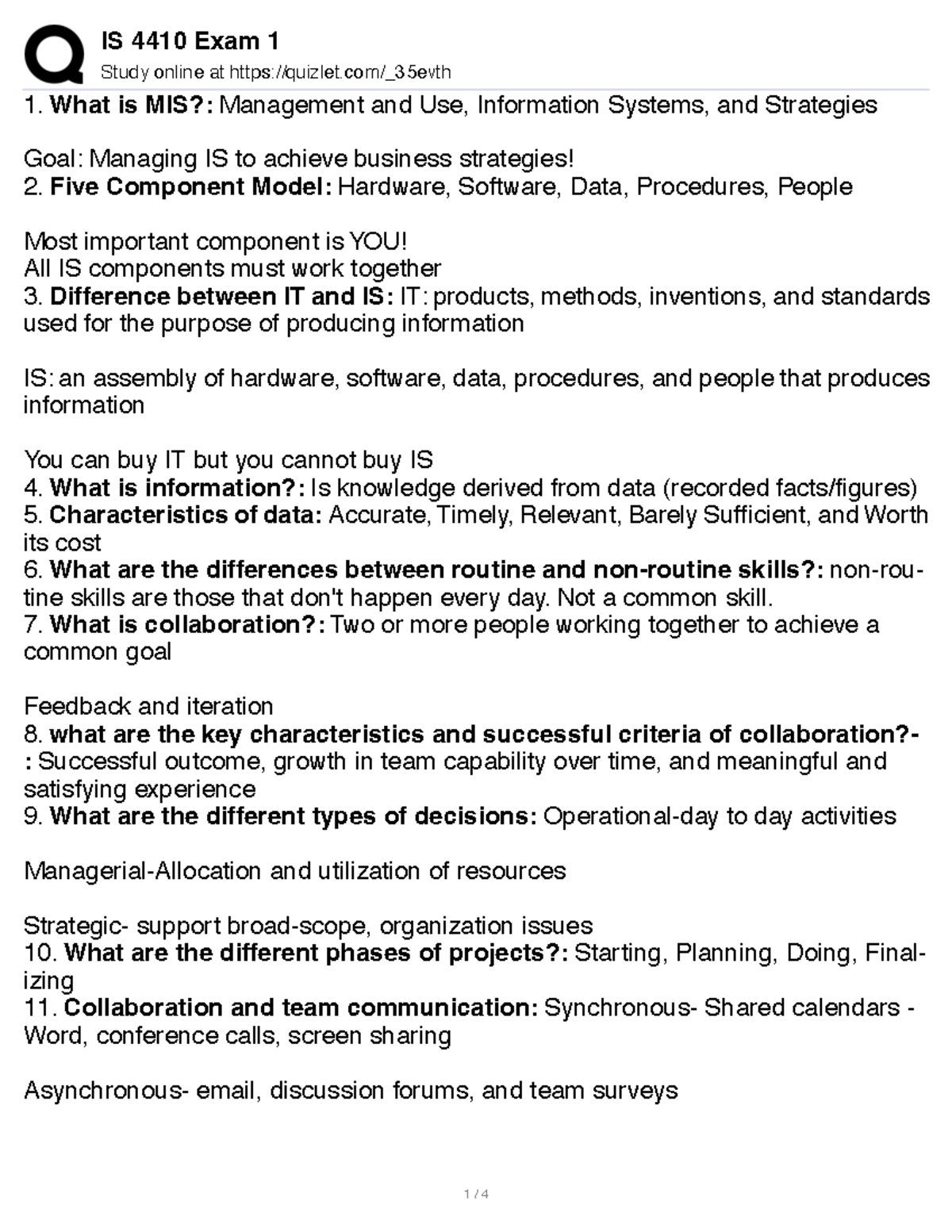 Study Guide - IS 4410 Exam 1 Study online at quizlet/_35evth What is ...