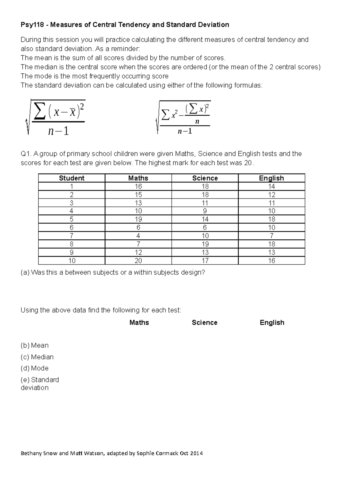 Central Tendency Seminar - Psy118 - Measures of Central Tendency and ...