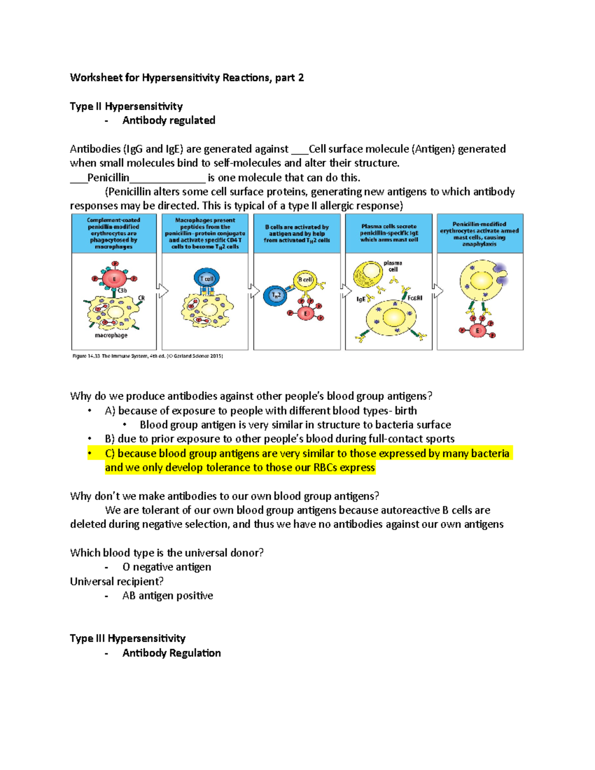 Worksheet for Hypersensitivity Reactions part 2 - Penicillin_______ is ...