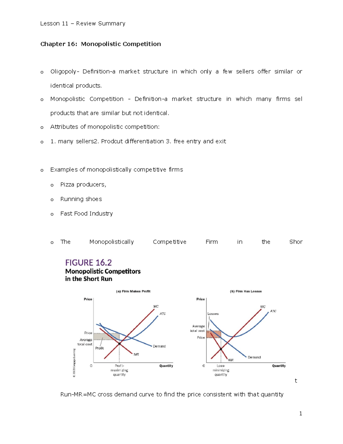 EC120OC - Lesson 11 - Review Summary - Chapter 16: Monopolistic ...