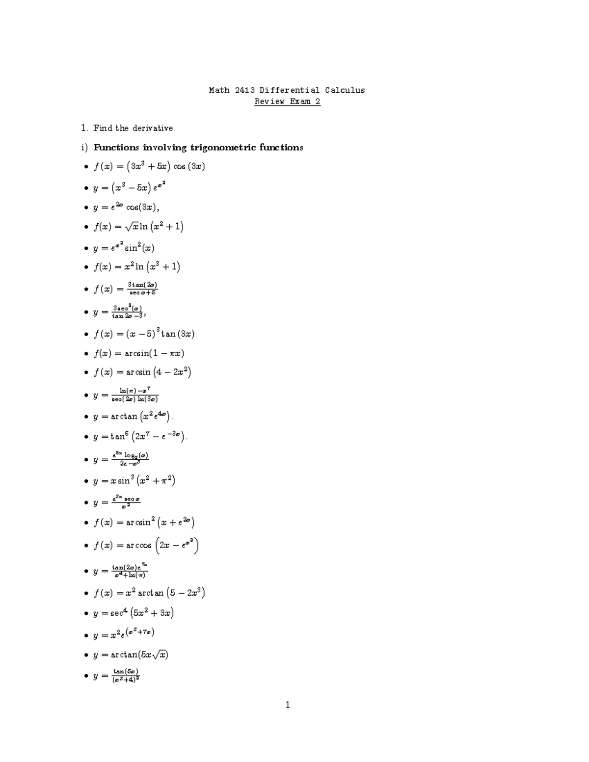 Exam 2 Review Exams UTD N - Math 2413 Differential Calculus Review Exam ...