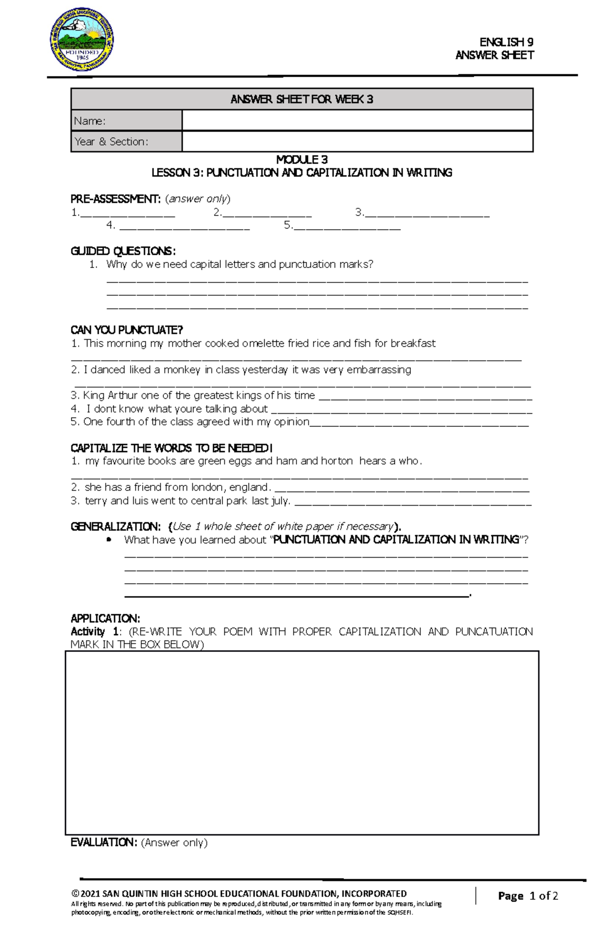 Answer Sheet FOR WEEK 1 & 2 for modules grade 9 - Page 1 of 2 ENGLISH 9 ...