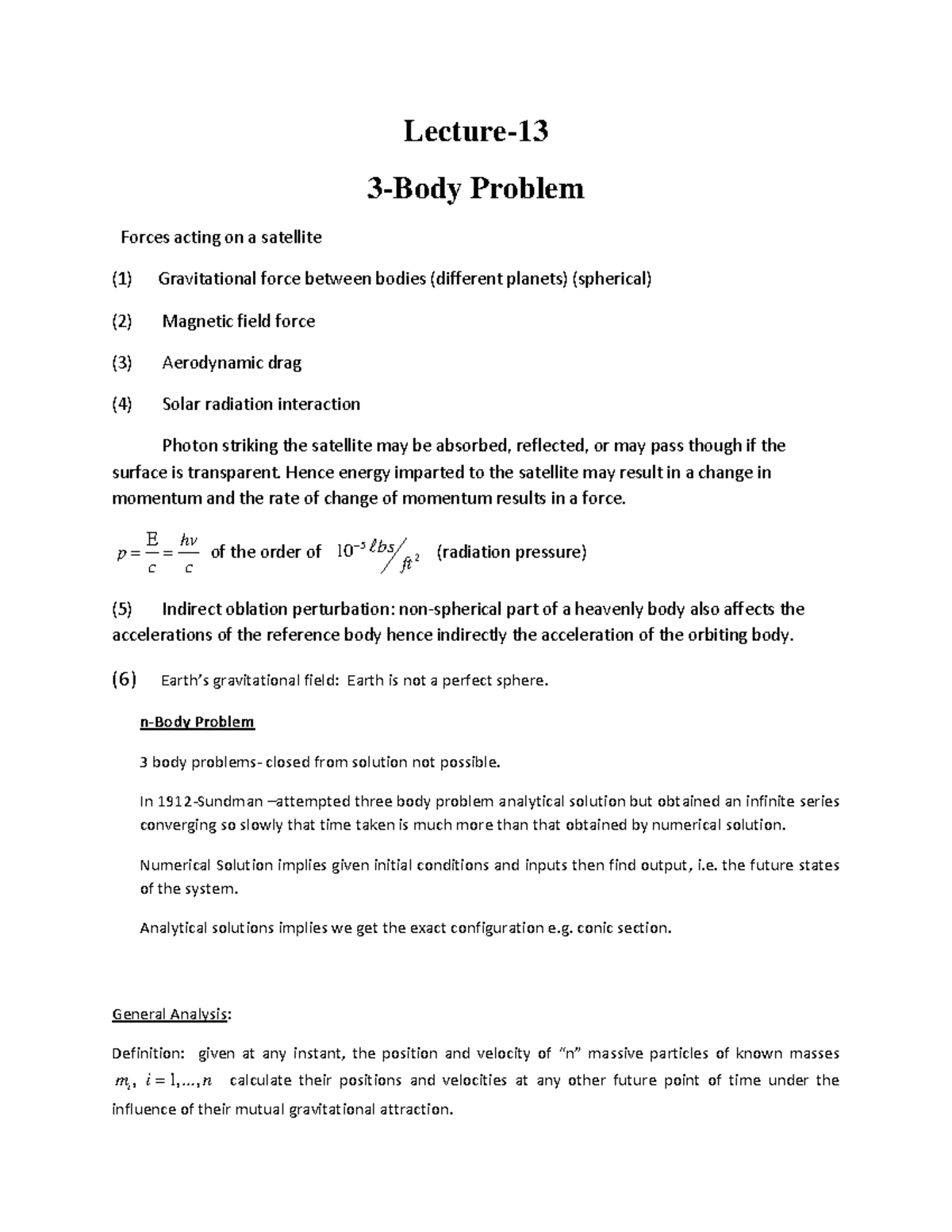 Lecture-13 - Aerospace Engineering - Lecture- 3-Body Problem Forces ...