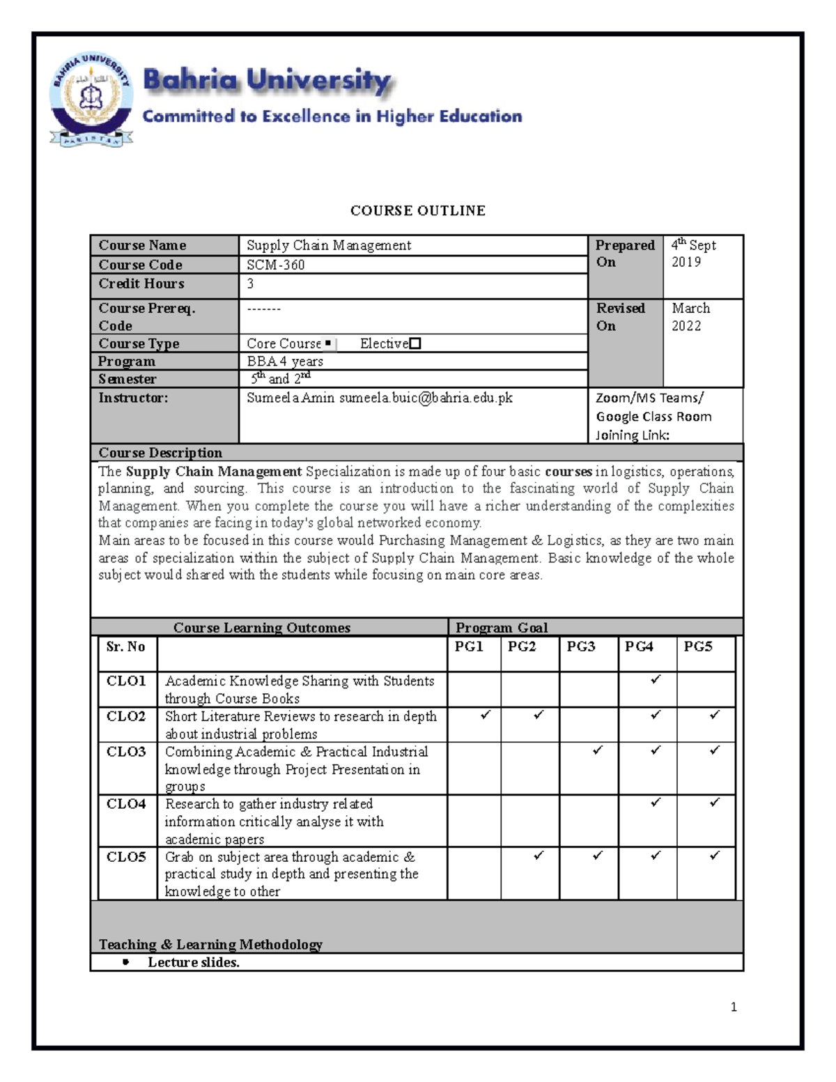 Outline BBA SCM Spring 22 08032022 103858 am - COURSE OUTLINE Course ...