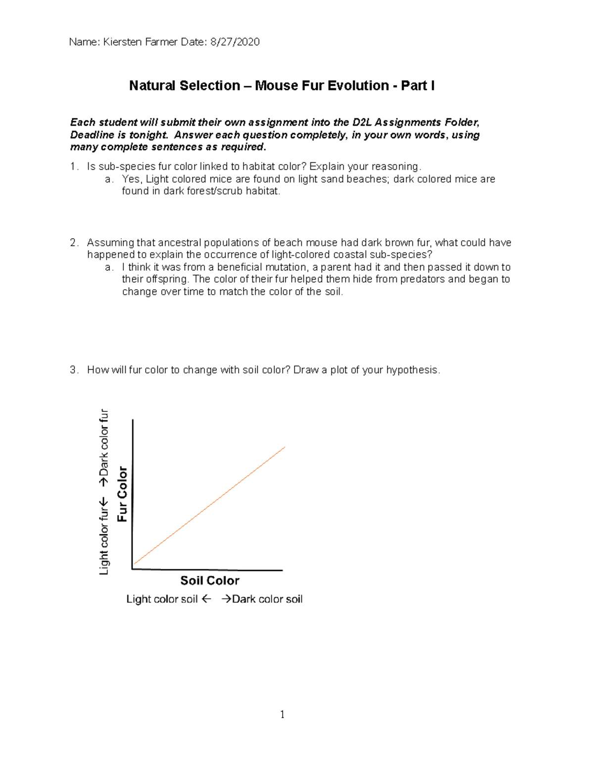 Natural Selection Mouse Fur Evolution I - Name: Kiersten Farmer Date: 8 ...