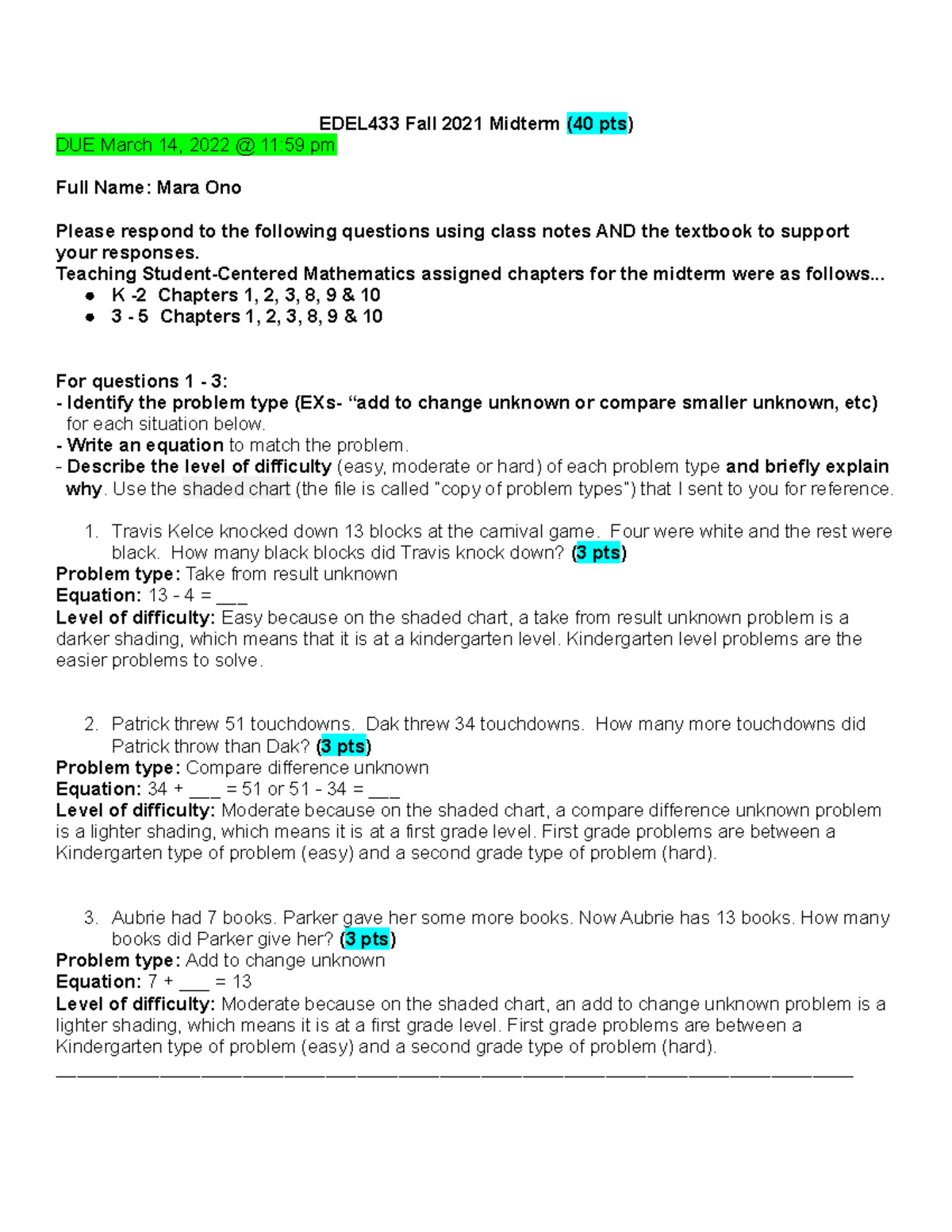 Midterm Exam assignment - EDEL433 Fall 2021 Midterm (40 pts) DUE March ...