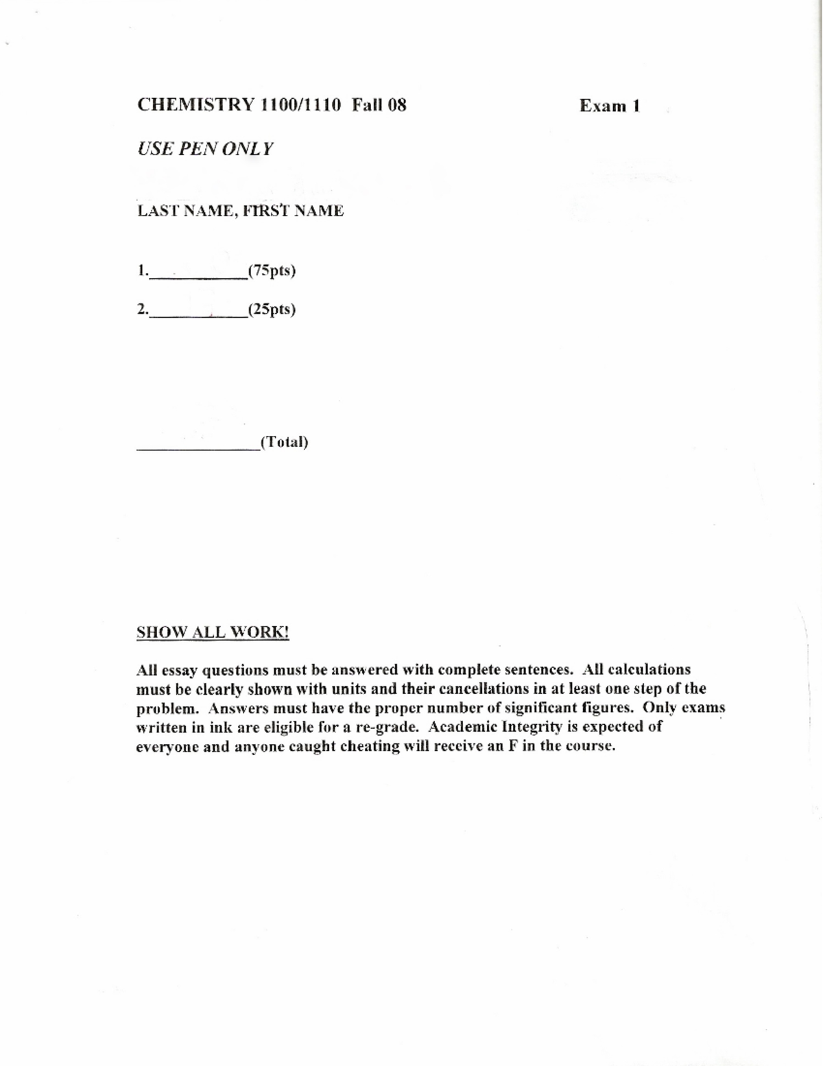 Chem1100exam01f08 - chem back exam for studying - 1 ...