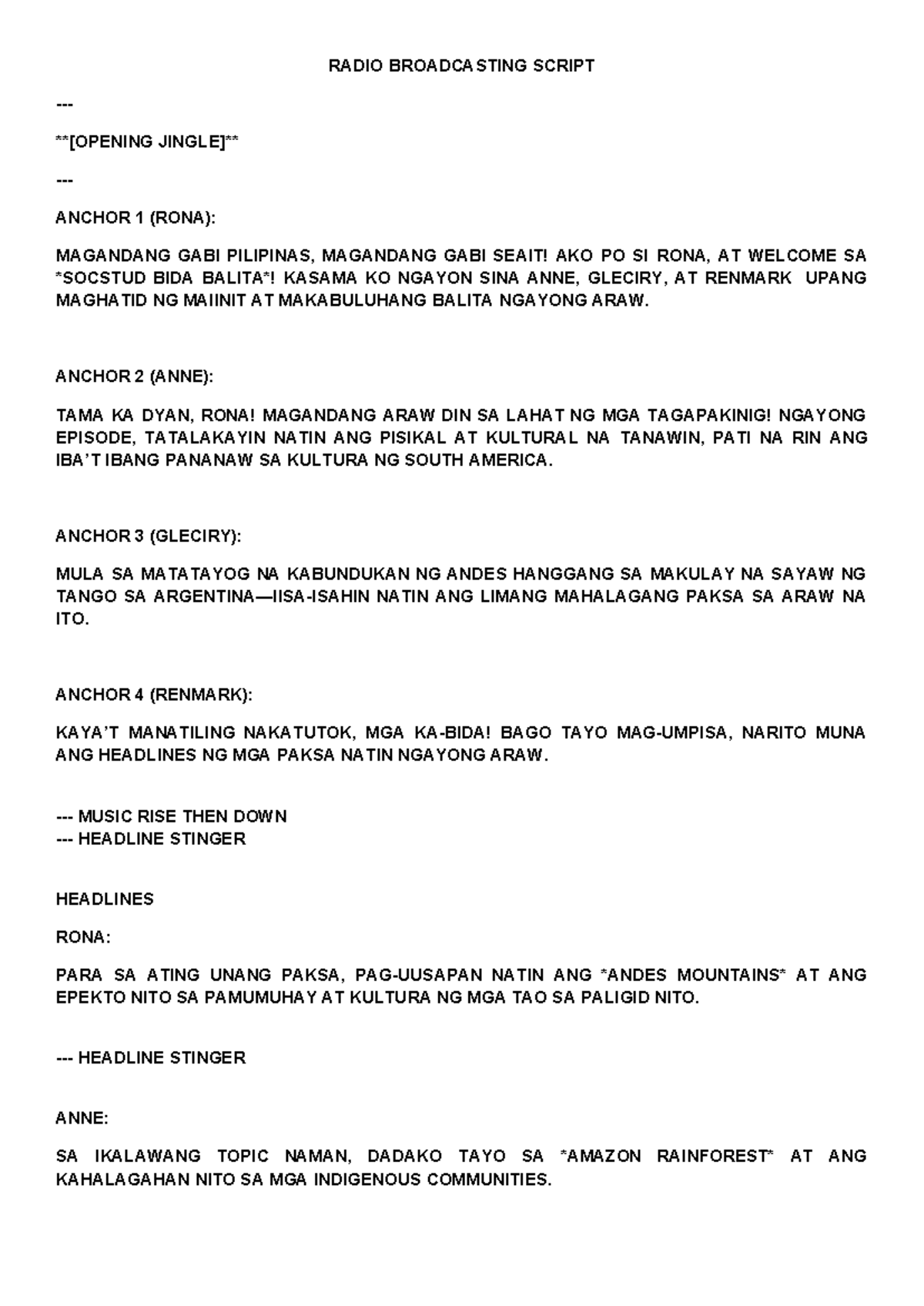 Radio-B-1 - Summary - RADIO BROADCASTING SCRIPT - [OPENING JINGLE ...