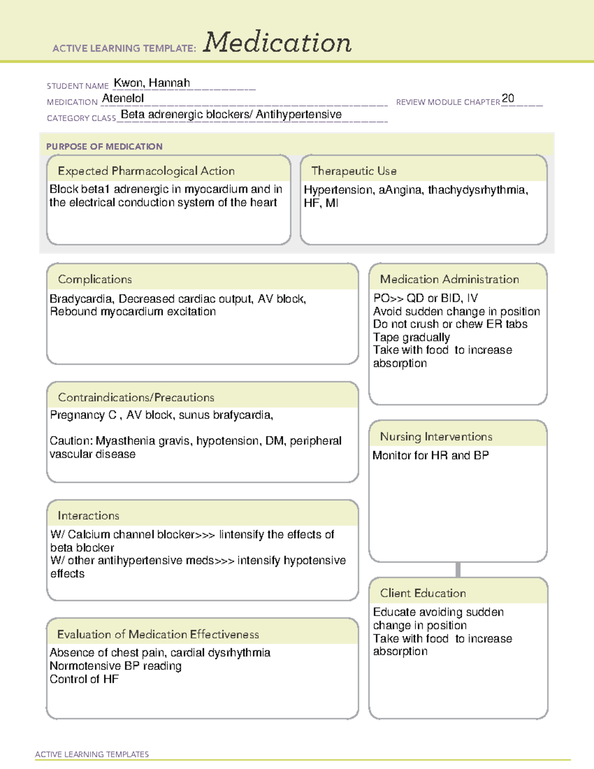 Atenelol - ATI - ACTIVE LEARNING TEMPLATES Medication STUDENT NAME ...