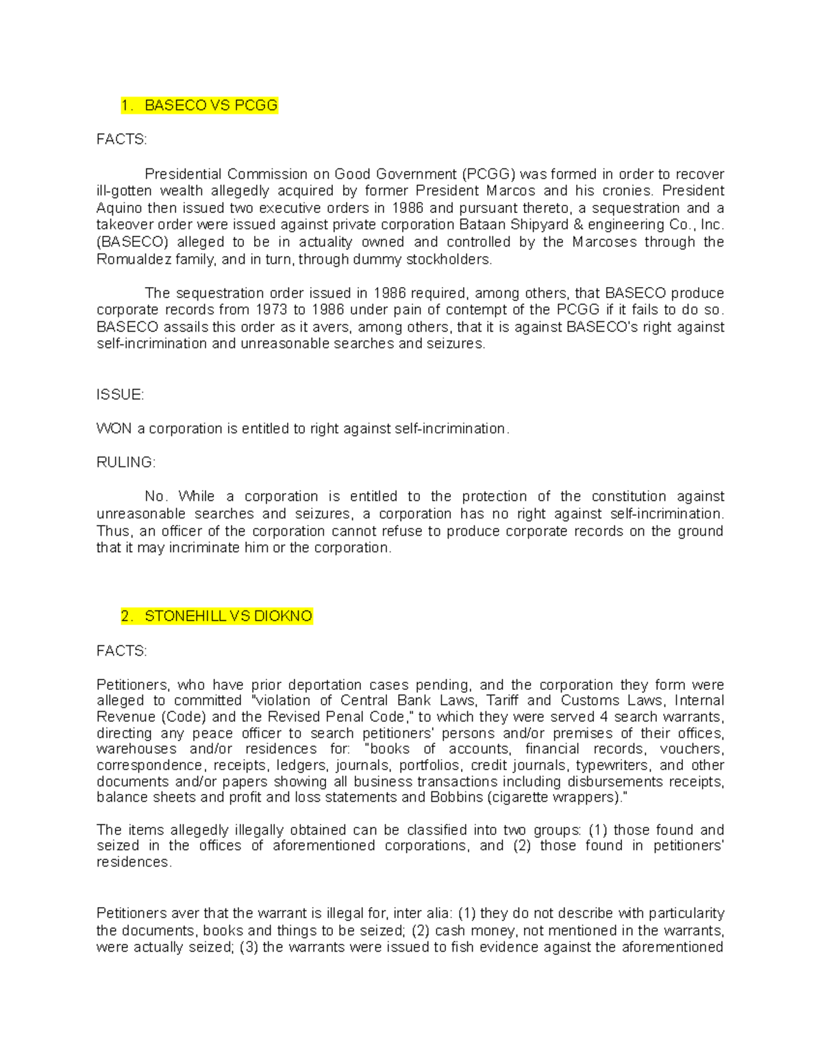BUS ORG Cases (3RD Meeting) - 1. BASECO VS PCGG FACTS: Presidential ...