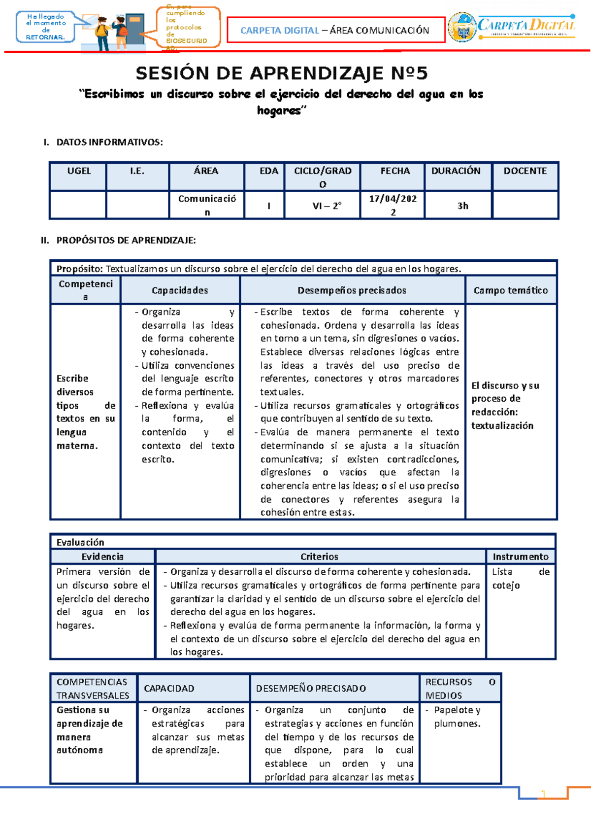 2° Sesión DE Aprendizaje Sesion 5 SEM.2-EXP.1-COM - cumpliendo los protocolos de BIOSEGURID AD ...