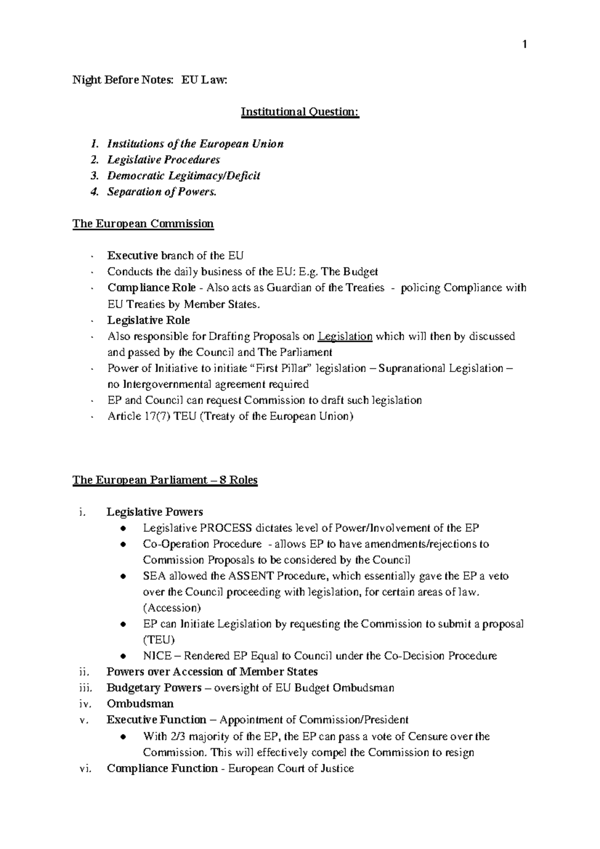 FE1 EU Law Night Before Notes - Night Before Notes: EU Law ...