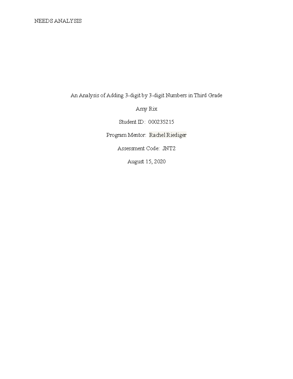 JNT 2 Needs Analysis - An Analysis of Adding 3-digit by 3-digit Numbers ...