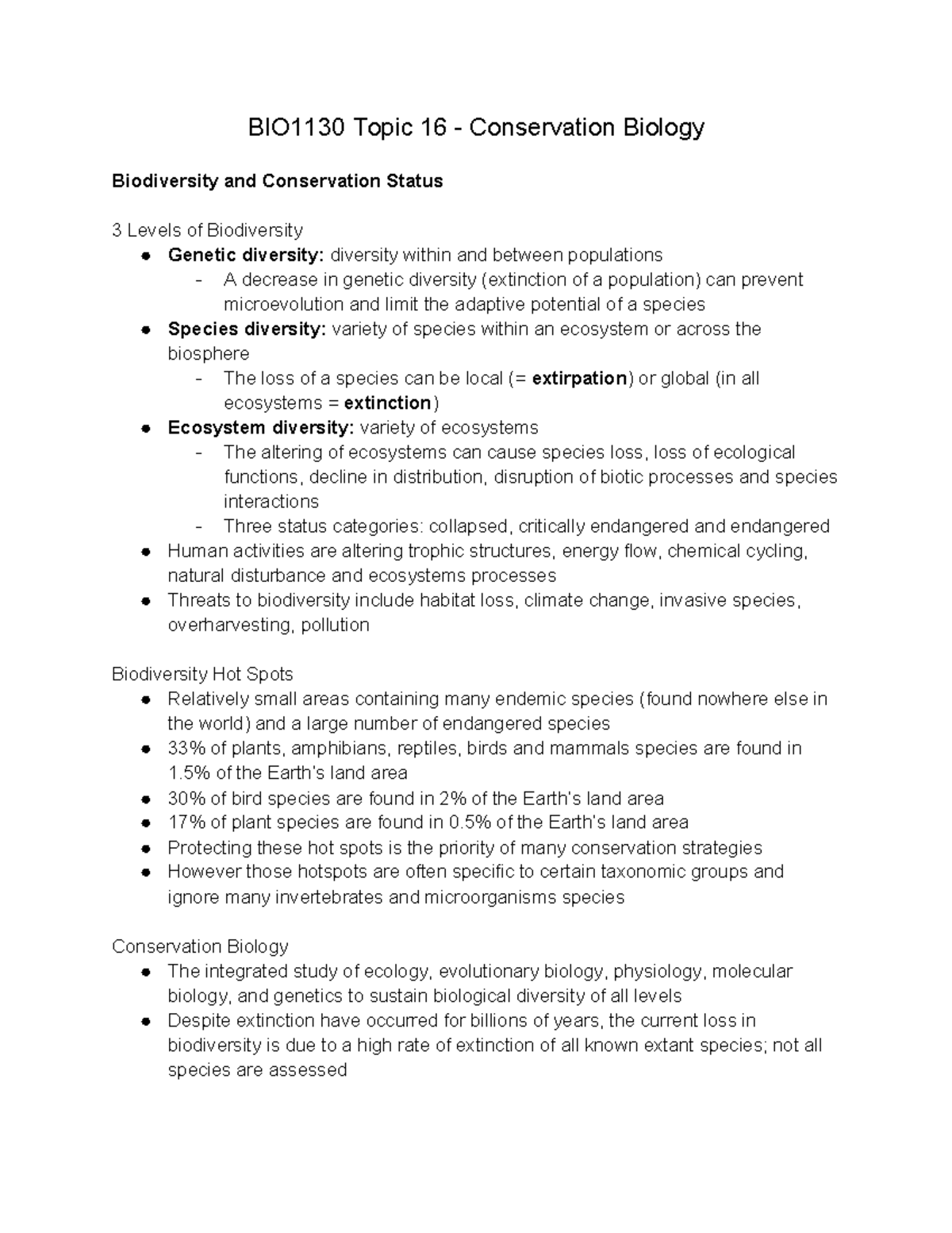 BIO1130 Topic 16 - BIO1130 Topic 16 - Conservation Biology Biodiversity ...