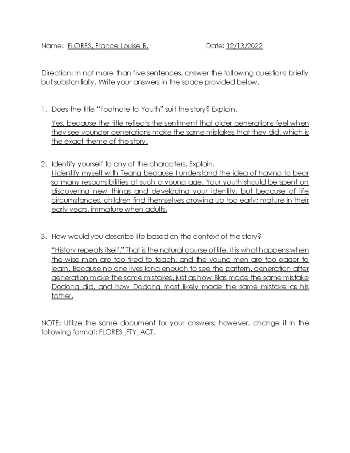 Footnote to Youth - Question and Answer - Name: FLORES, France Louise R ...