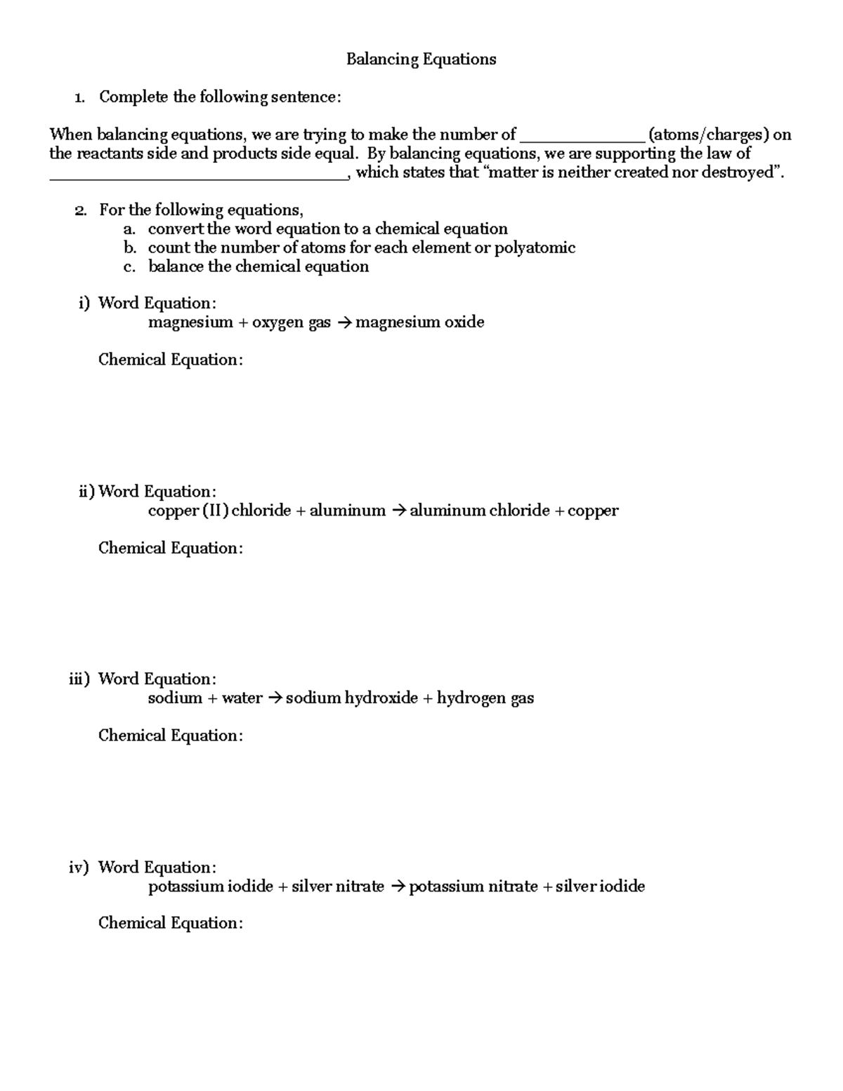 Balancing Equation Worksheet Chemistry Class - Balancing Equations ...