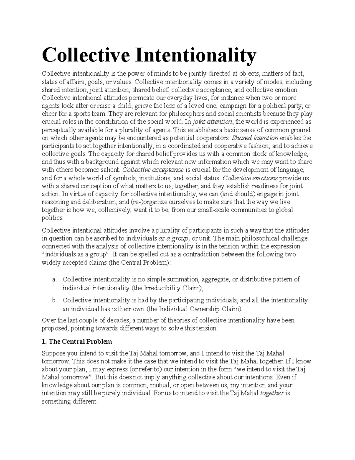 Lecture 4 – Collective Intentionality - Collective Intentionality ...