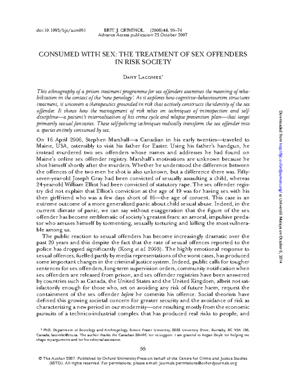 The treatment of sex offender - 55 © The Author 2007. Published by ...