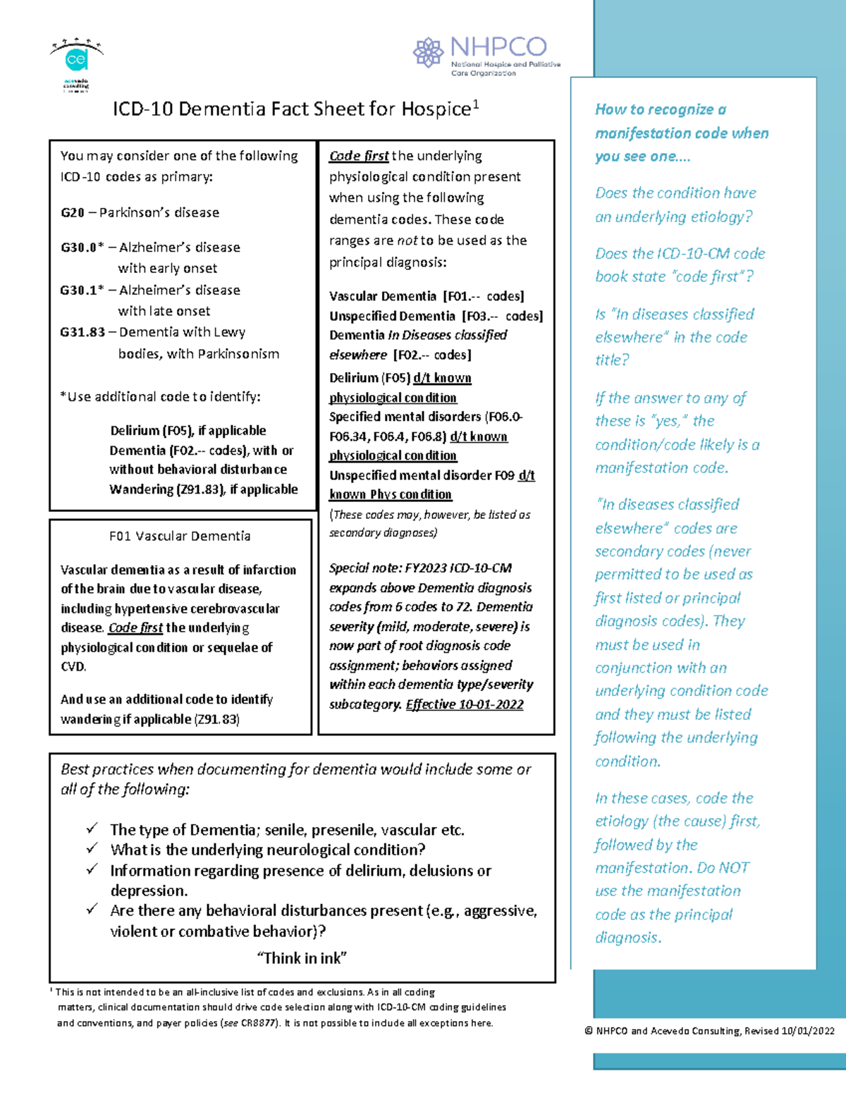 Dementia ICD10 Fact Sheet - ICD-10 Dementia Fact Sheet for Hospice 1 1 This is not intended to ...