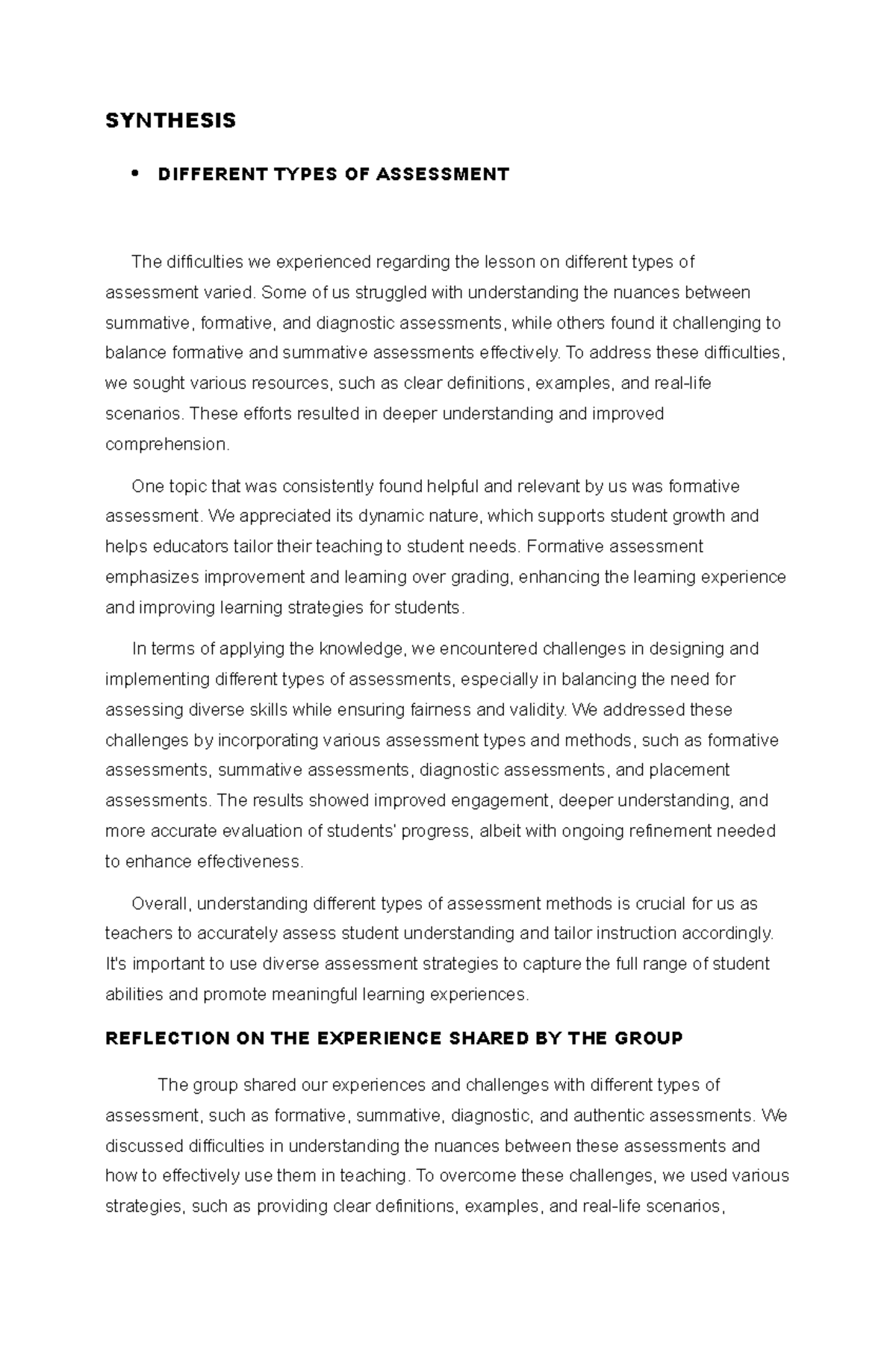 Synthesis - SYNTHESIS DIFFERENT TYPES OF ASSESSMENT The difficulties we ...