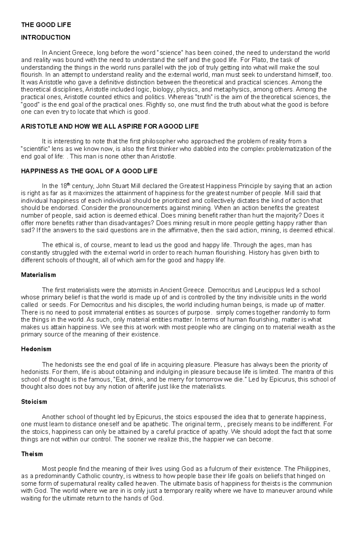 THE-GOOD-LIFE-STS - THE GOOD LIFE INTRODUCTION In Ancient Greece, long ...