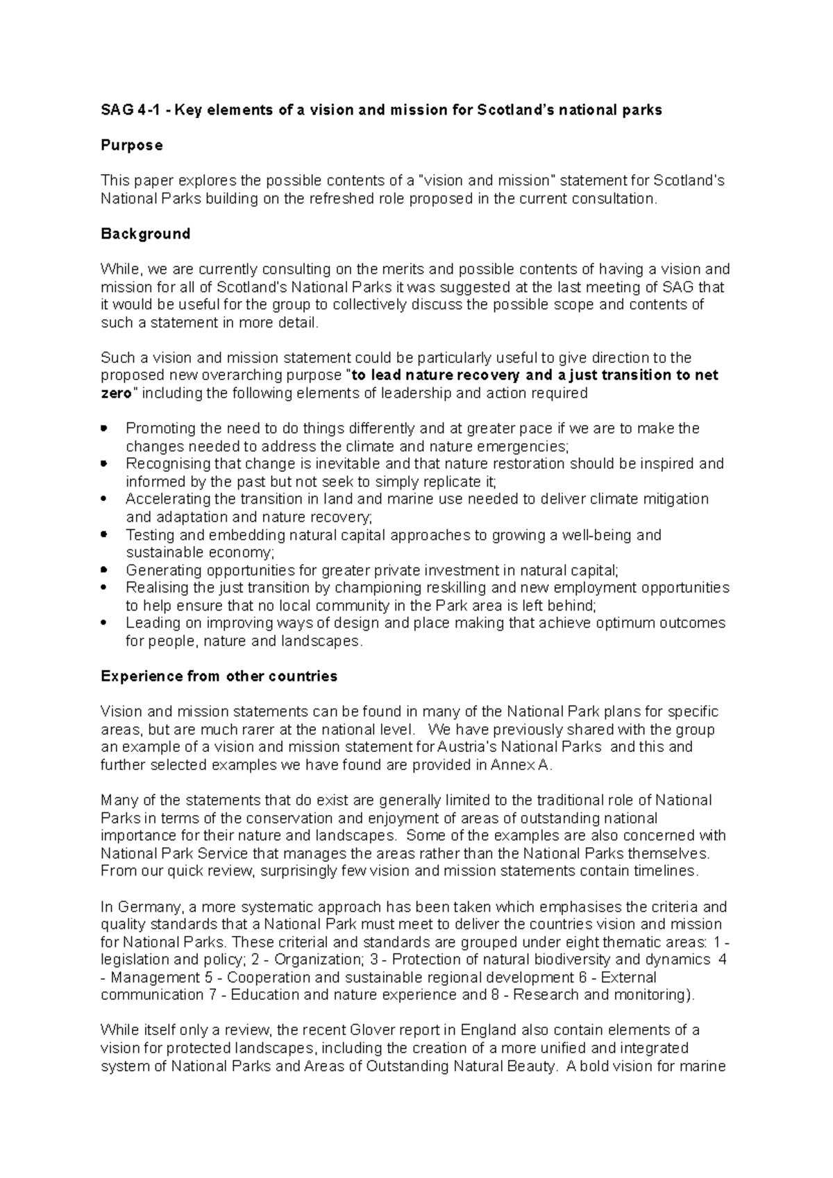 National Parks Stakeholder Advisory Group - Paper 4-1 Key Elements of a ...