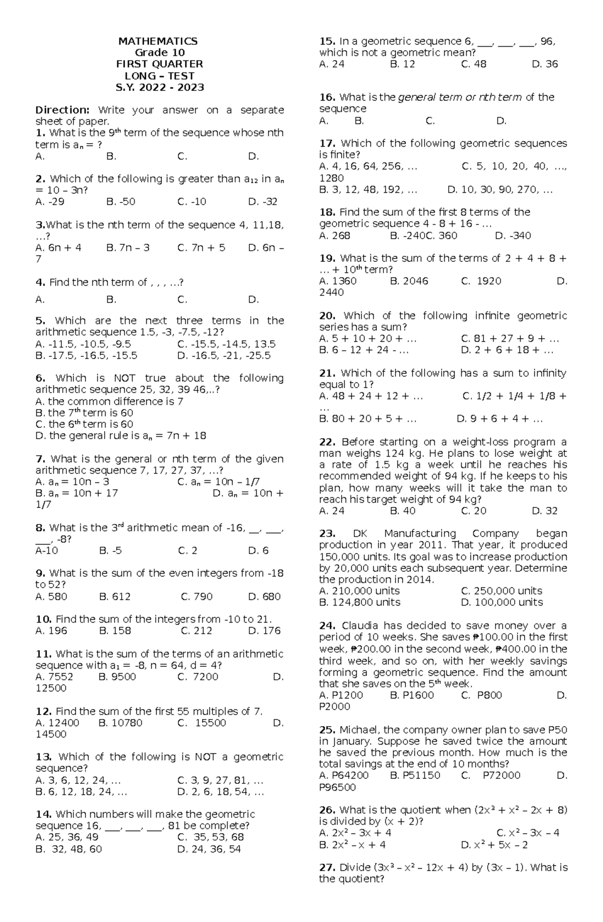 LONG TEST 1ST QRT M10 - Simple Long test - MATHEMATICS Grade 10 FIRST ...