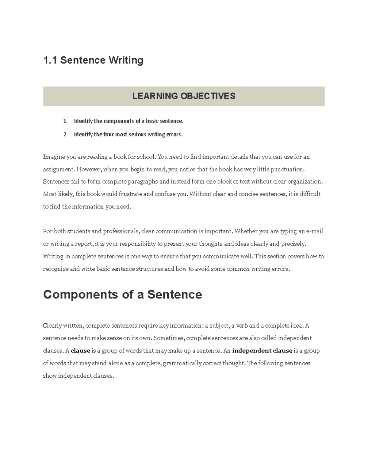 1.1 Sentence Writing part 1 - 1 Sentence Writing LEARNING OBJECTIVES ...