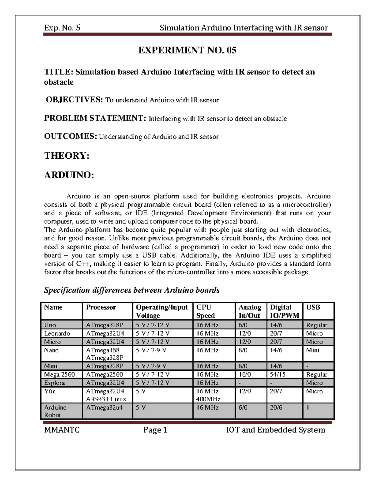 Exp-5 - ecperiment - EXPERIMENT NO. 05 TITLE: Simulation based Arduino Interfacing with IR ...