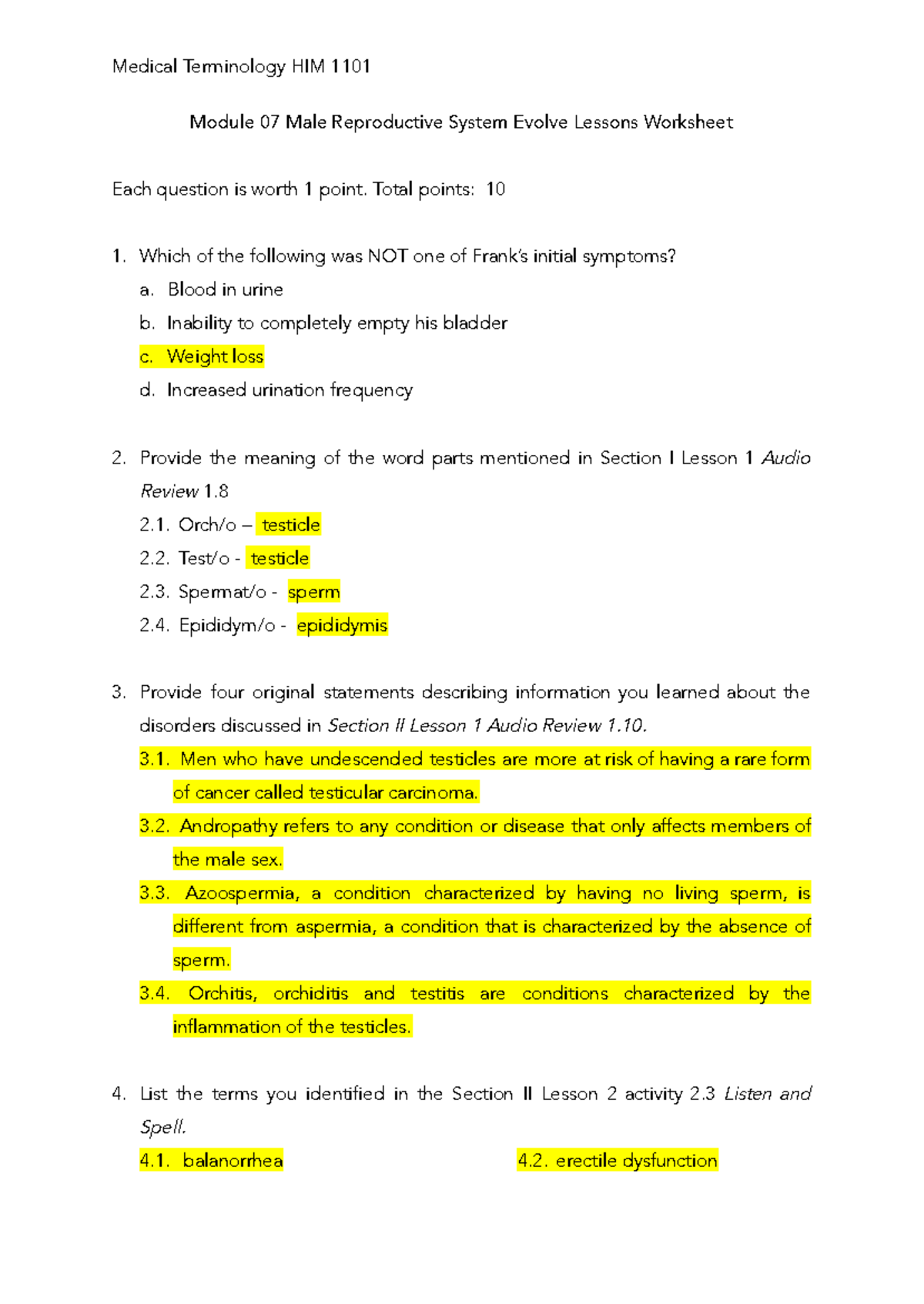 Evolve Module 7 Worksheet Male Reproductive System Lessons - Medical ...