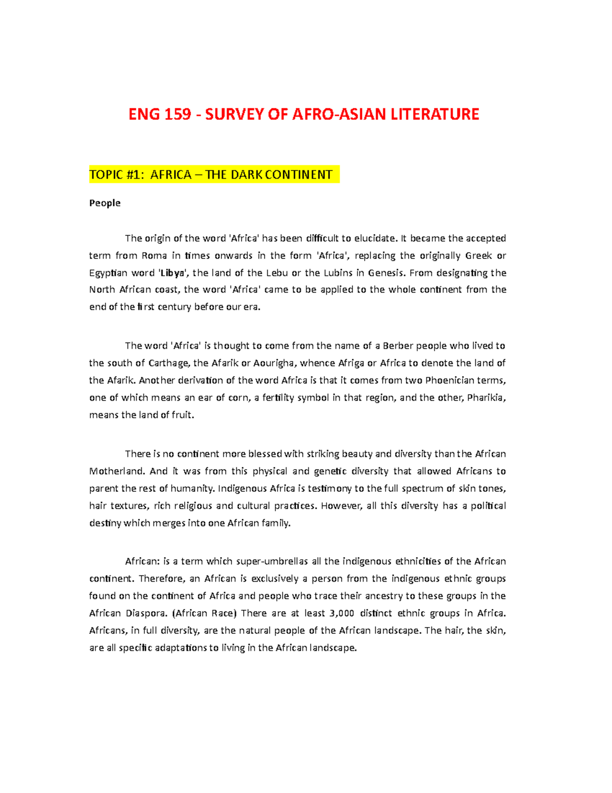 ENG 159- Survey TO AFRO- Asian Literature Handout 1-9 - ENG 159 ...