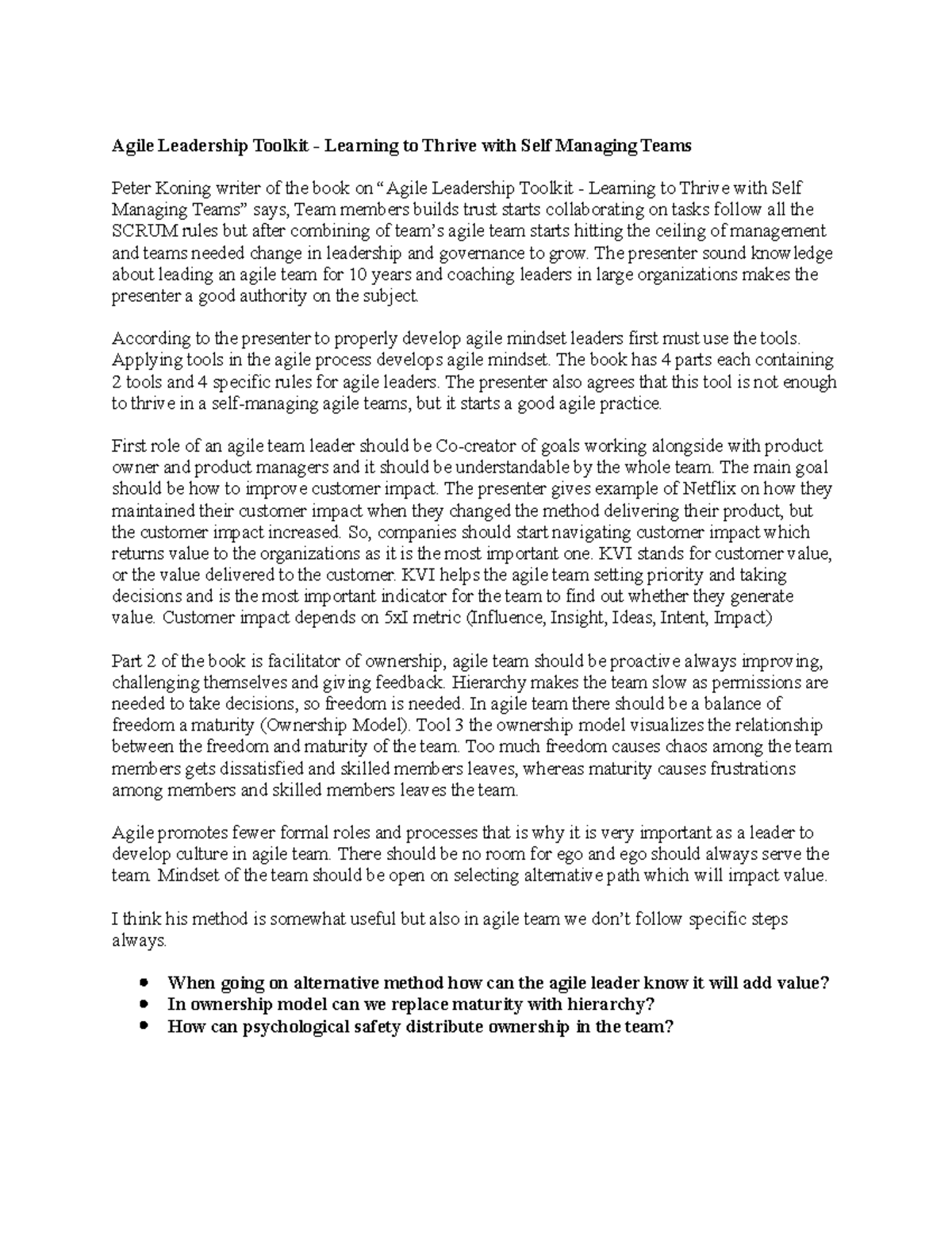 Assignment 1 110046863 Agile Development Toolkit - Agile Leadership ...