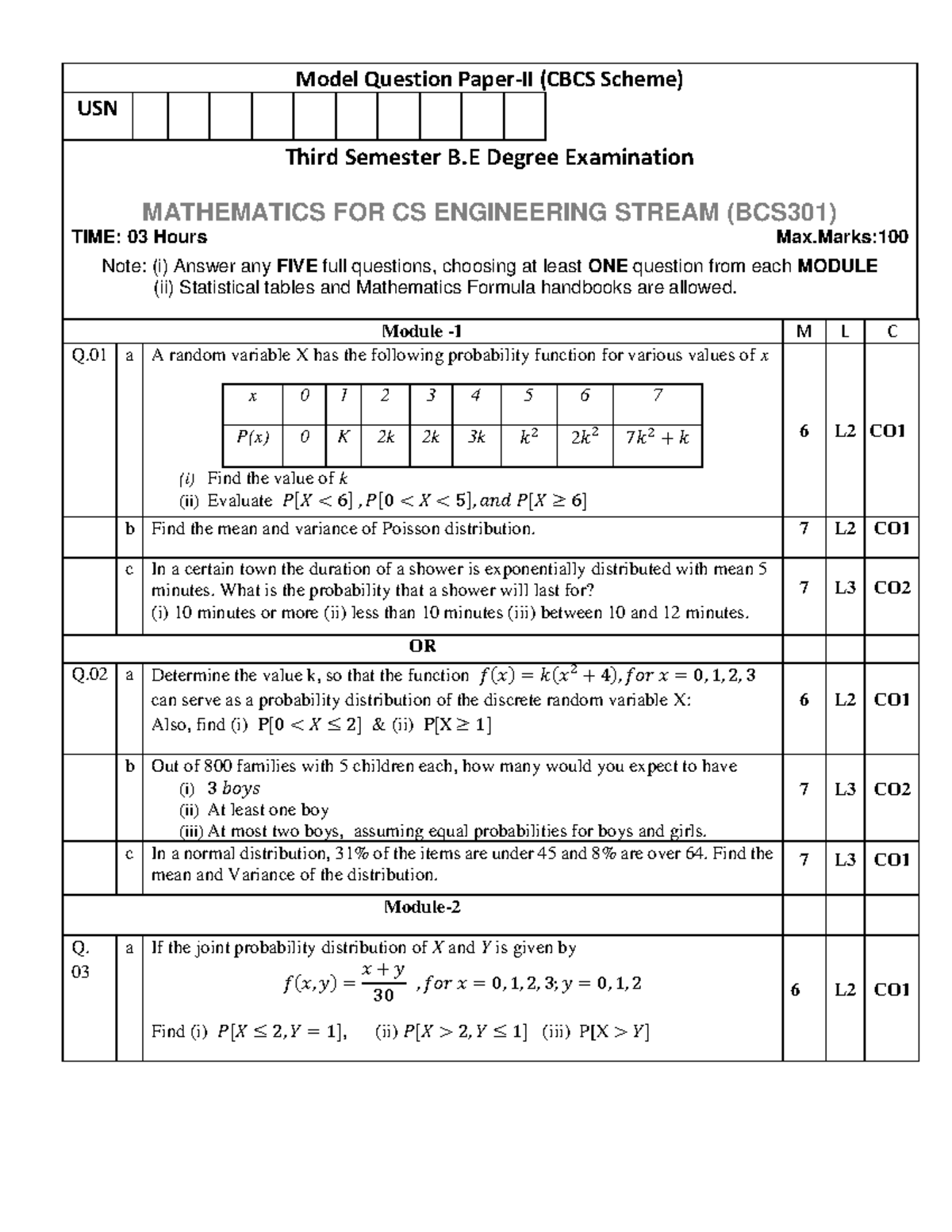 BCS301 Mathematics Model Question Paper 2 - Model Question Paper-II ...