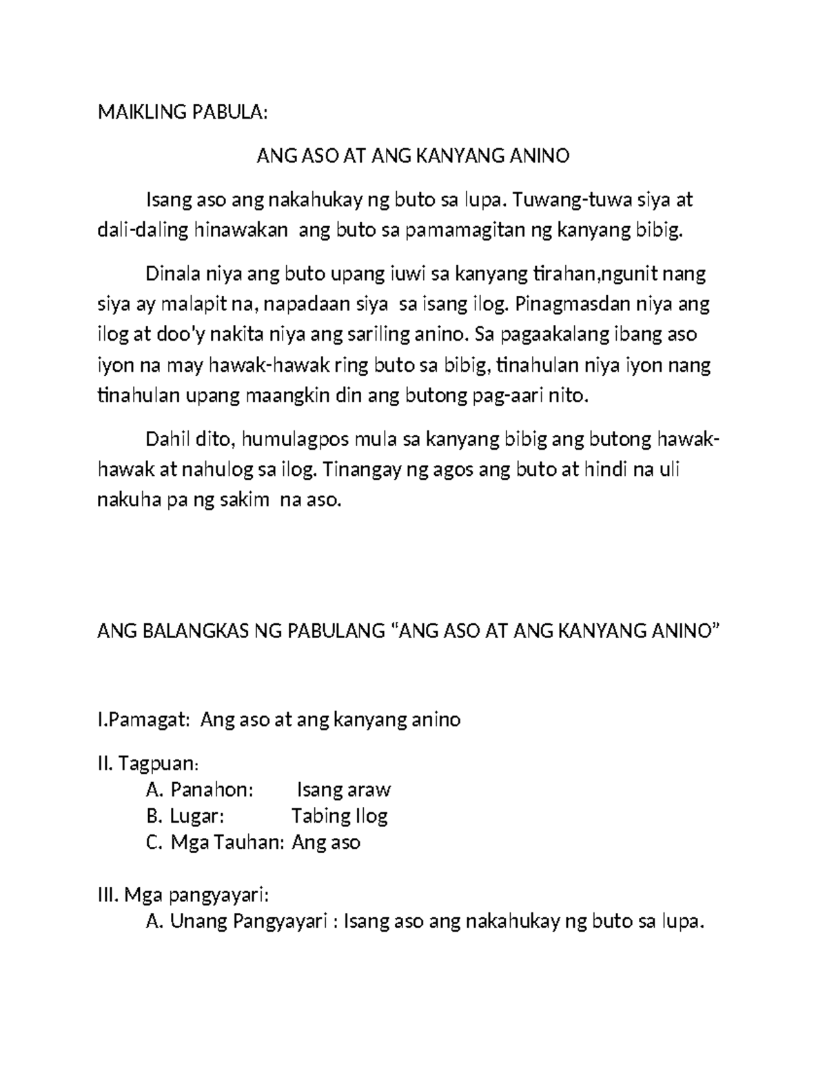 Maikling Pabula - lufk - MAIKLING PABULA: ANG ASO AT ANG KANYANG ANINO ...