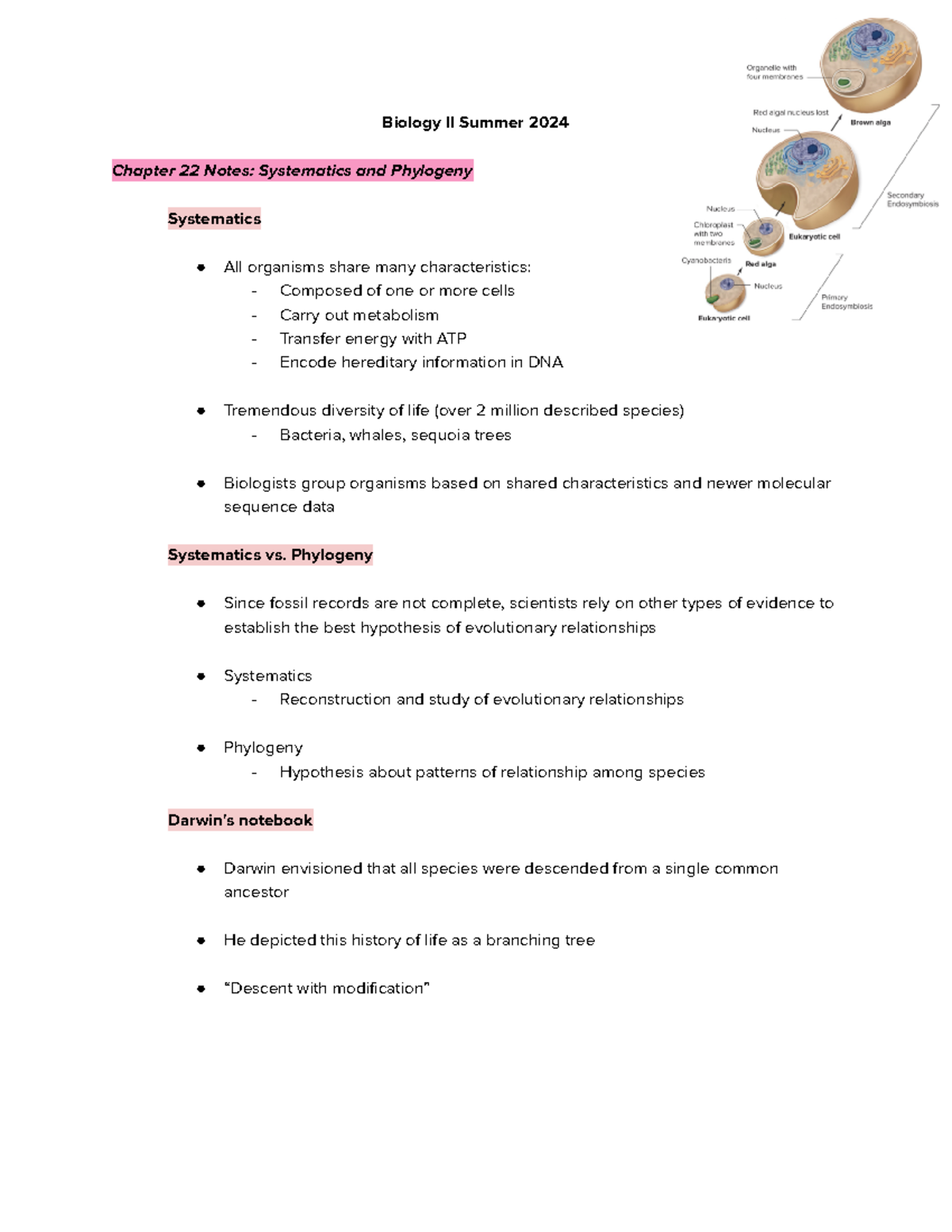 Biology II Summer 2024 Notes Ch 22-25 - Biology II Summer 2024 Chapter ...