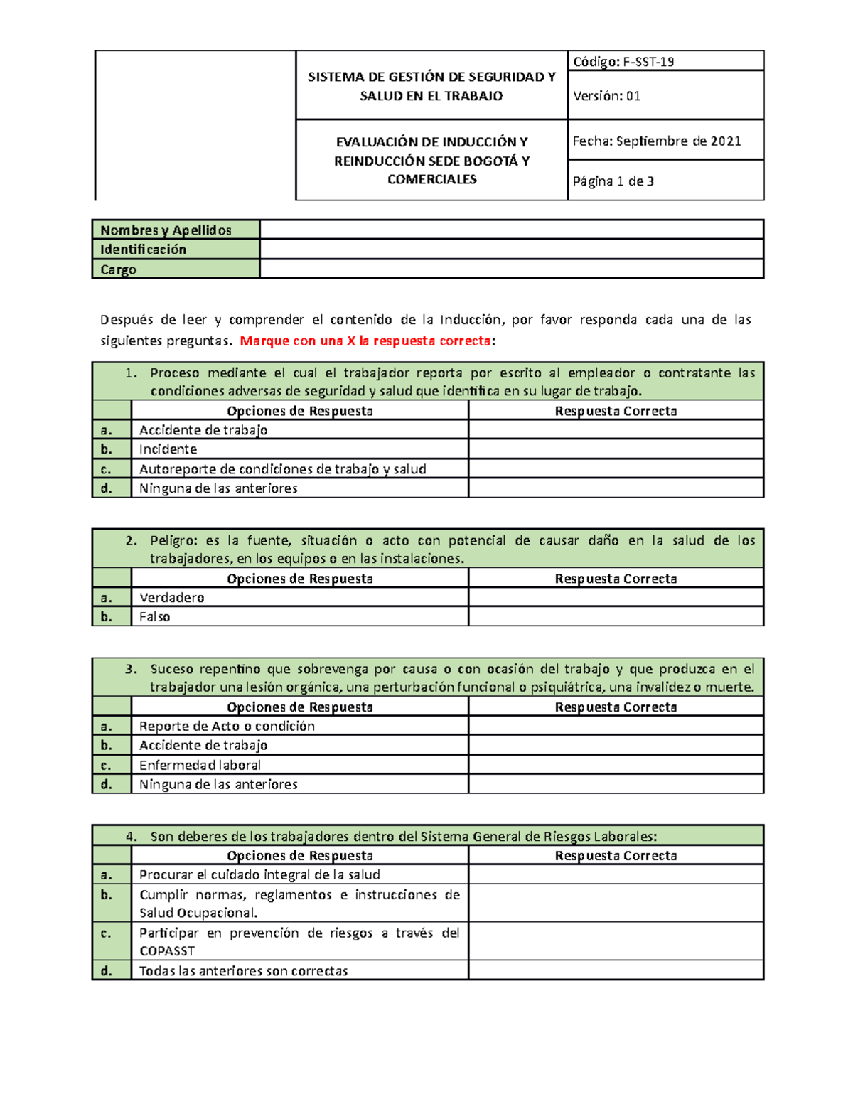 Evaluación de Inducción y reinducción en SST Bogota y Comerciales - SISTEMA DE GESTIÓN DE ...