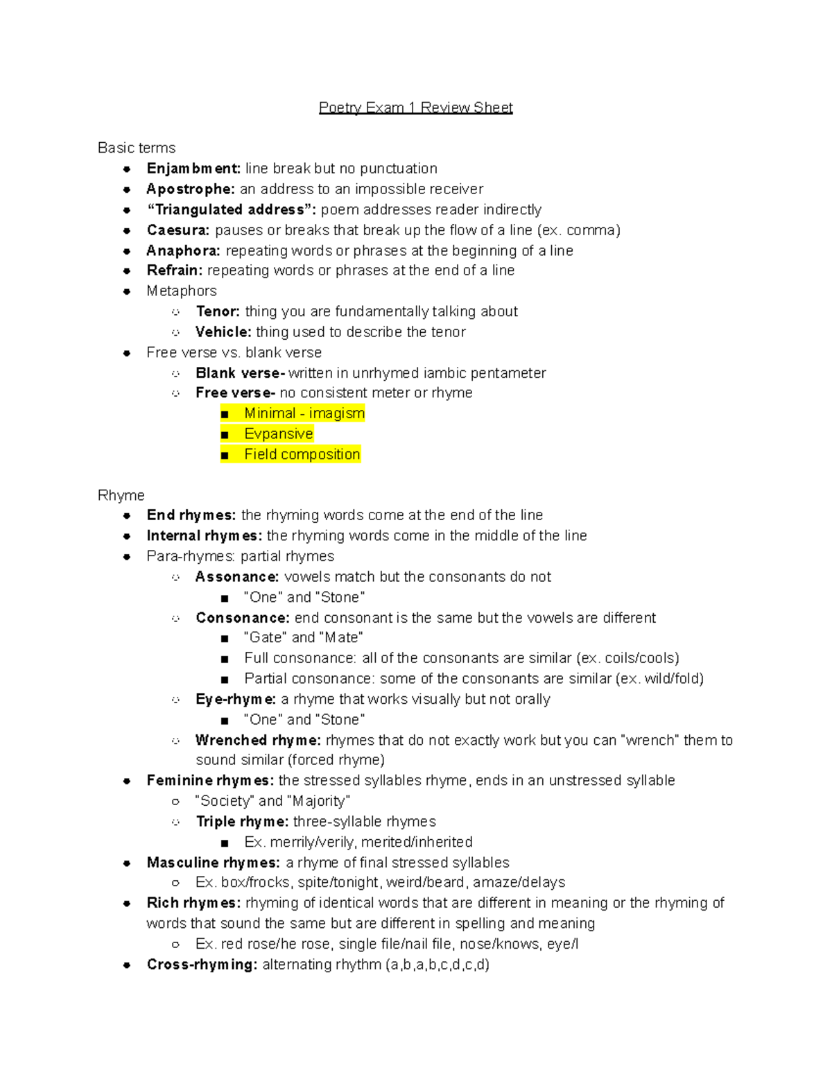 Poetry Exam 1 Review Sheet-2 - Poetry Exam 1 Review Sheet Basic terms ...