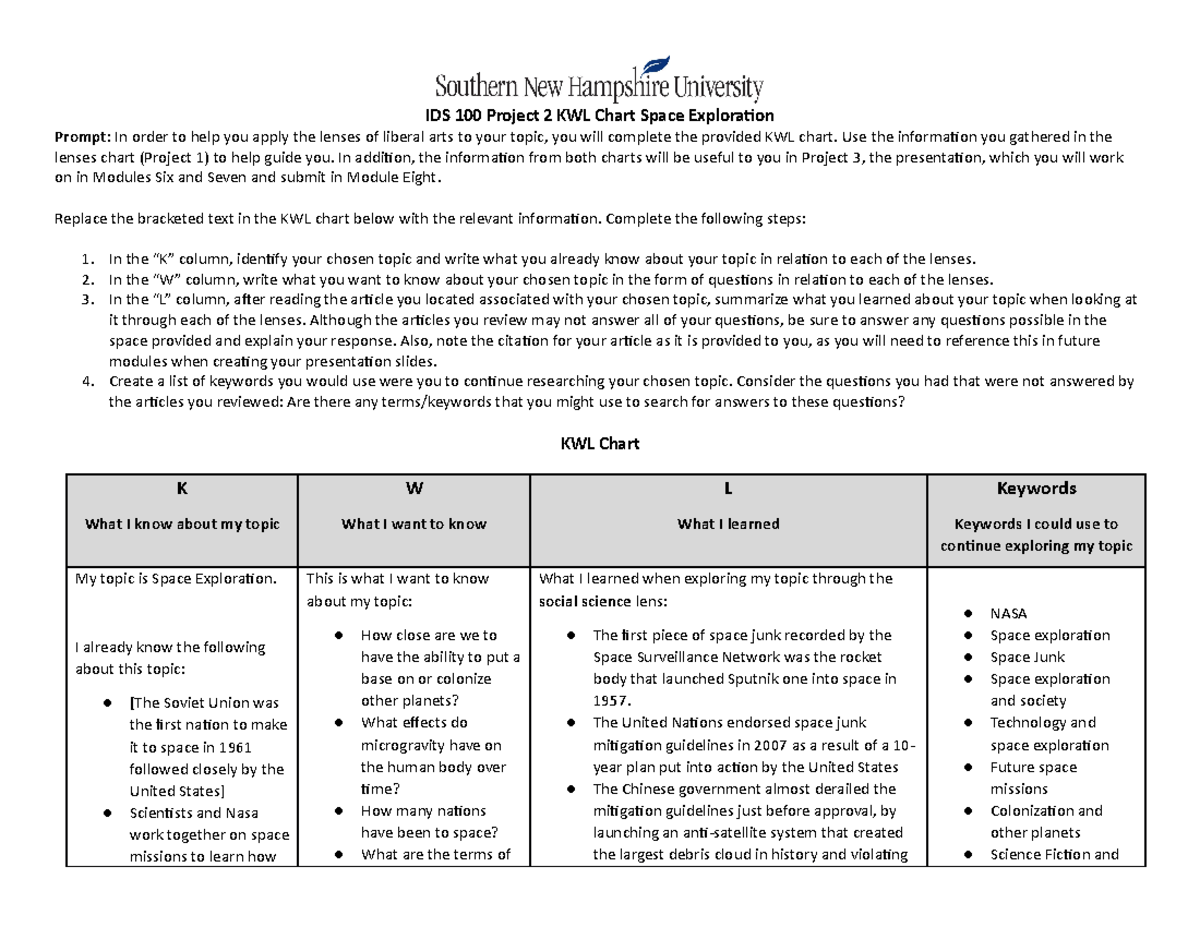 IDS 100 4-1 KWL Space Exploration docx - IDS 100 Project 2 KWL Chart ...