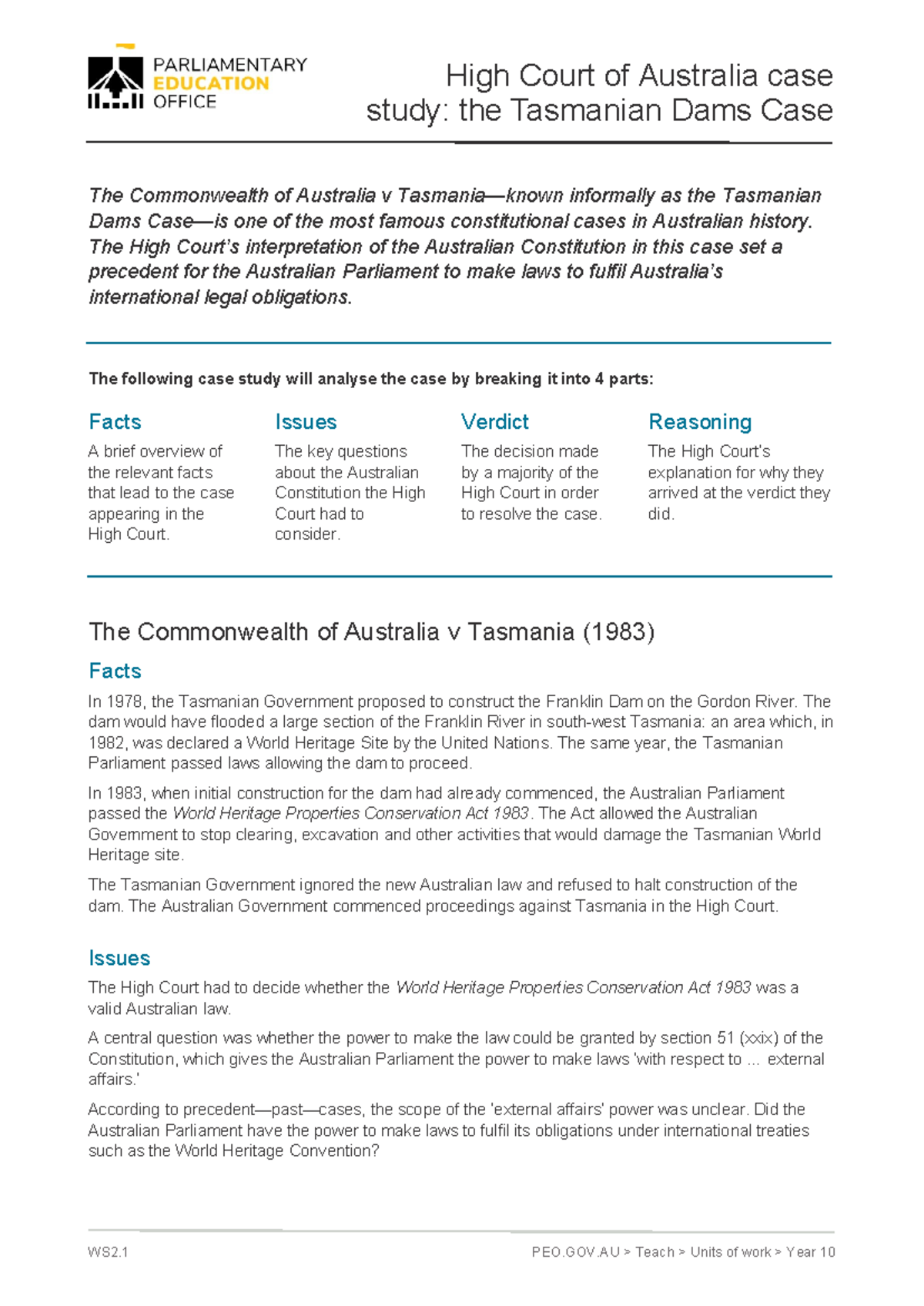 WS-2-1 High-Court-case-study - High Court of Australia case study: the Tasmanian Dams Case The ...