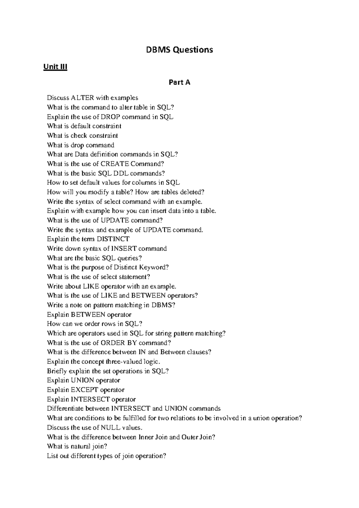 Dbms Questions Unit Iii Dbms Questions Unit Iii Part A Discuss Alter With Examples What Is