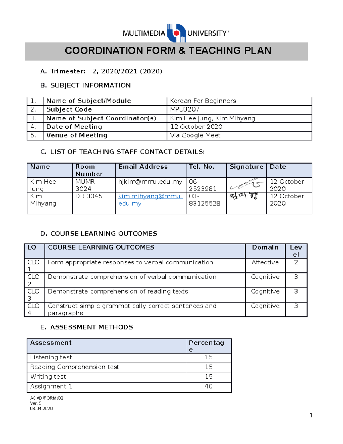 356281 Tri2 20202021 MPU3207 Coordination form Teaching plan - Korean Language 2 - Studocu