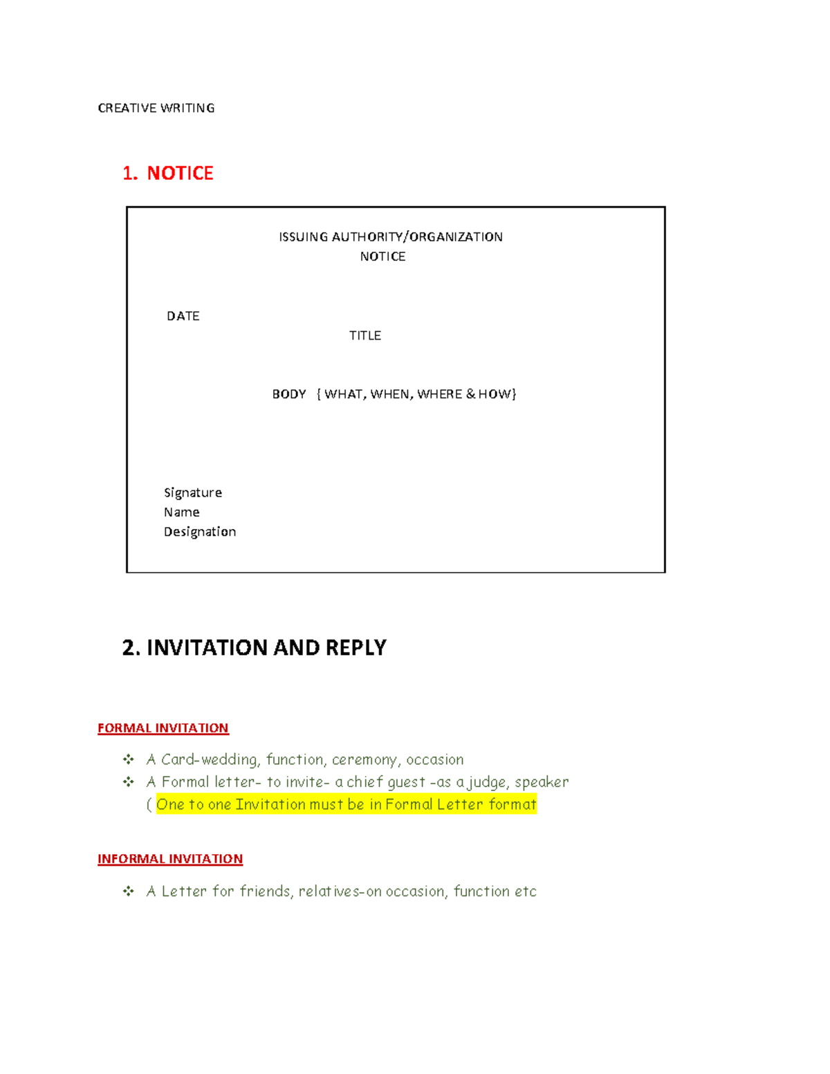 Creative writing skills- All Formats - CREATIVE WRITING 1. NOTICE ...