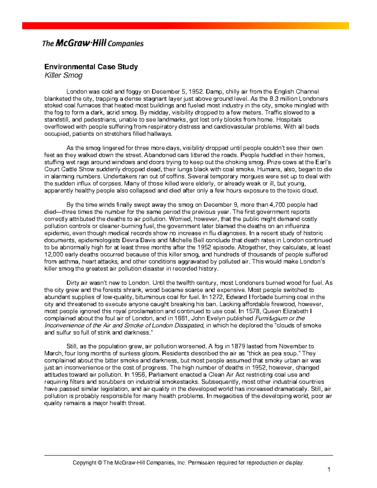 Case Study Killer Smog - SHAHEER - Environmental Case Study Killer Smog Copyright © The McGraw ...