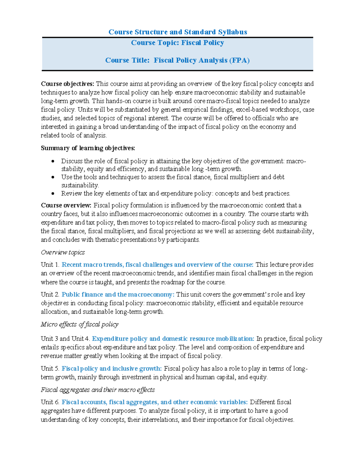 Fiscal Policy Analysis Syllabus - Course Structure and Standard ...