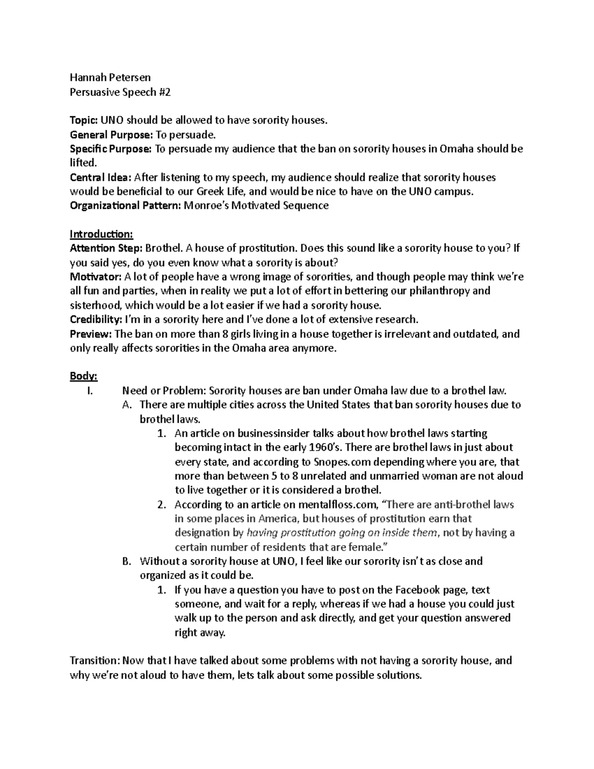 Persuasive Speech 2 Outline - Hannah Petersen Persuasive Speech #2 ...