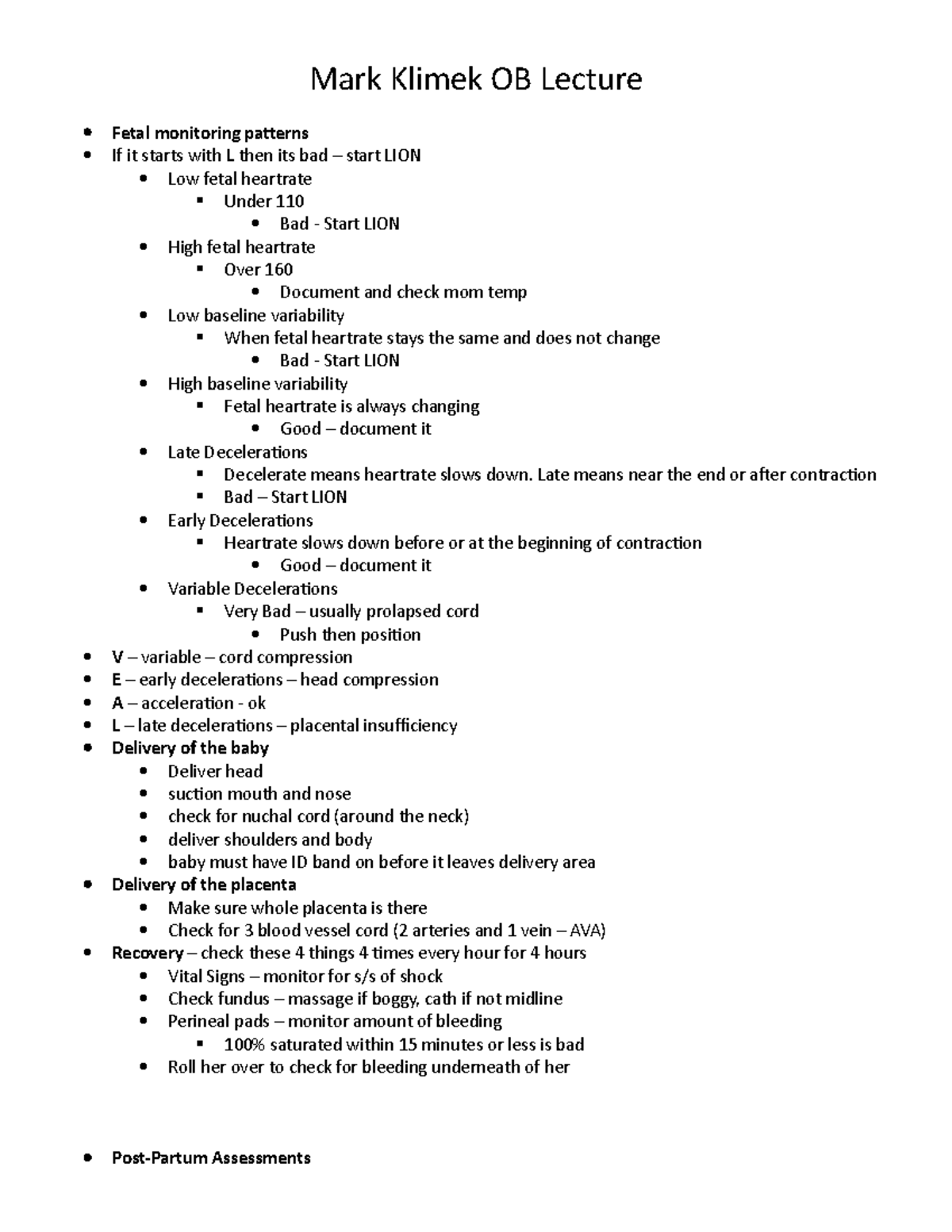 Mark Klimek OB Lecture - Late means near the end or after contraction ...